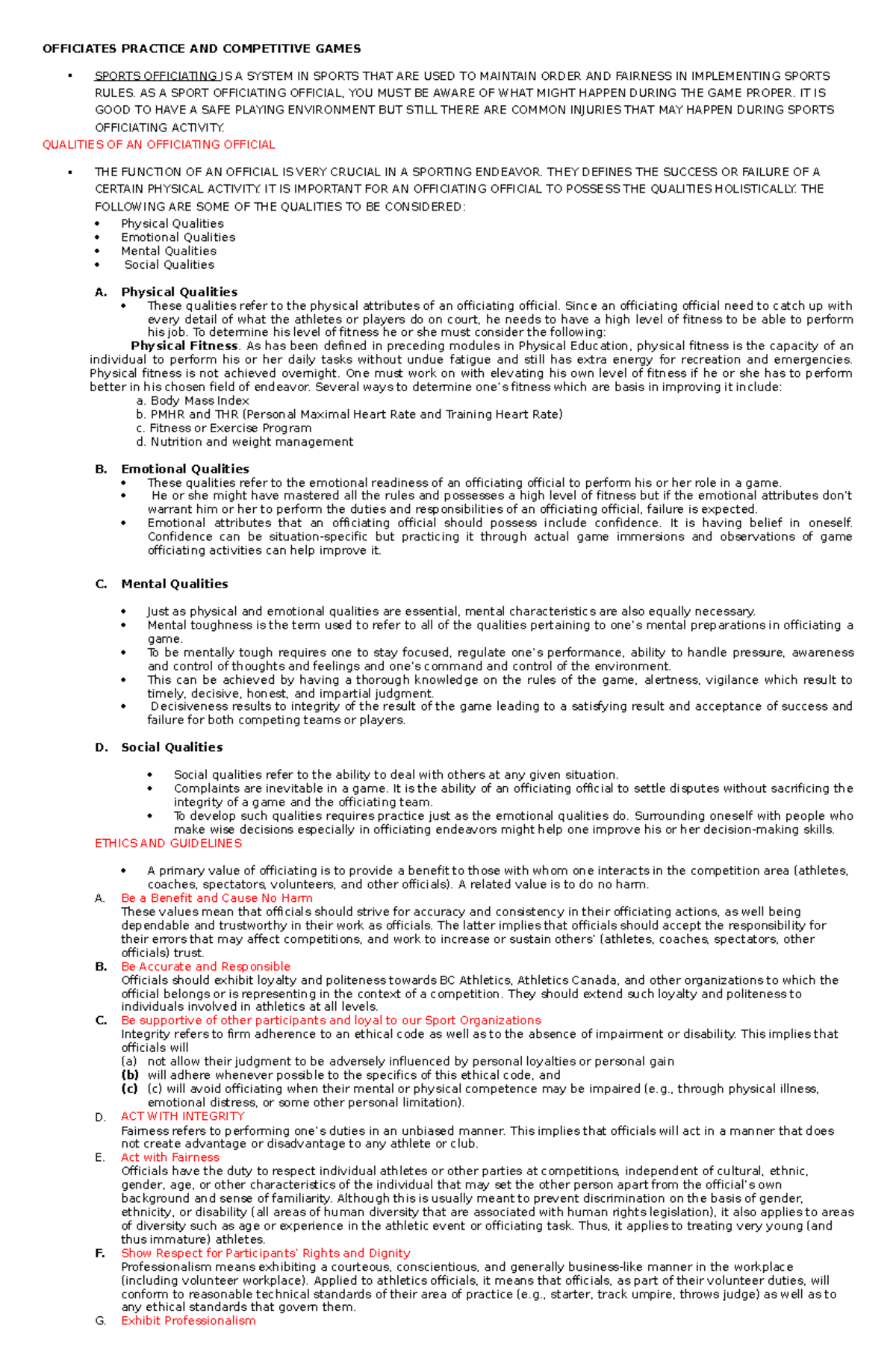 Sports Officiating: Key Qualities & Ethical Guidelines Handout - Studocu