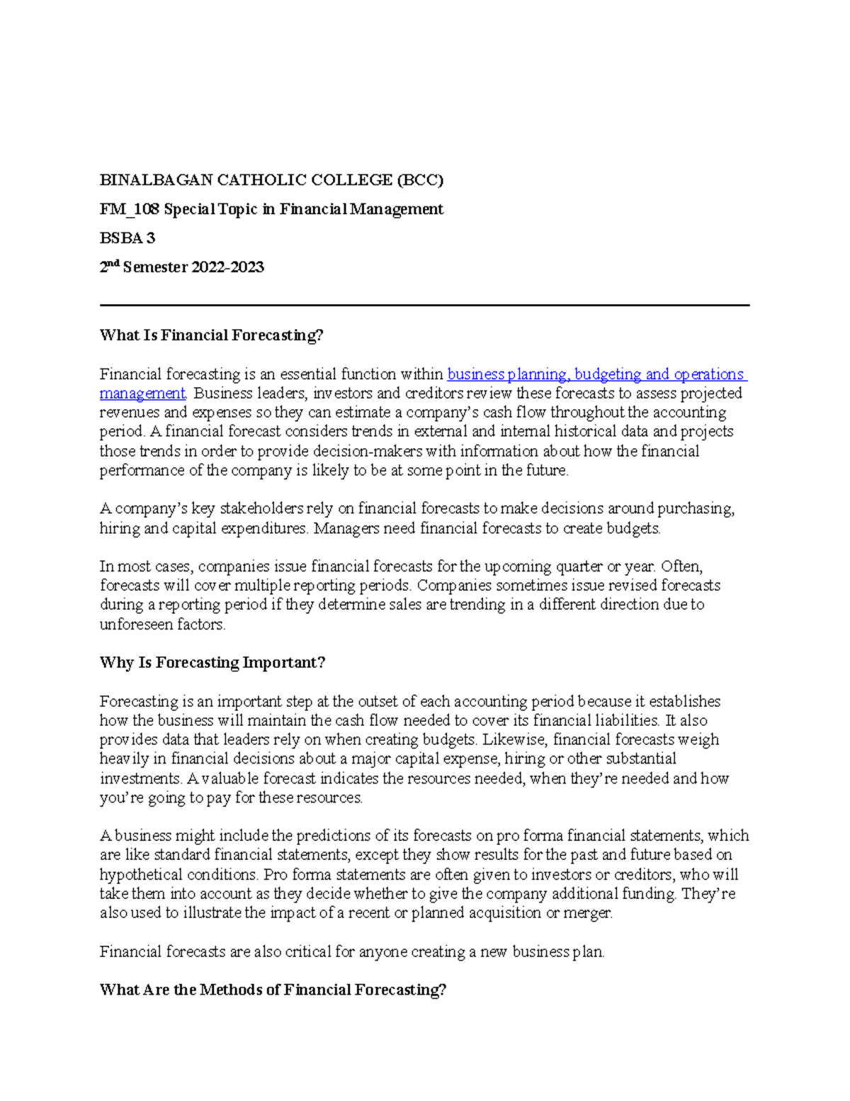 FM_108 Essay Notes: Budgeting and Forecasting Insights for BSBA 3 - Studocu