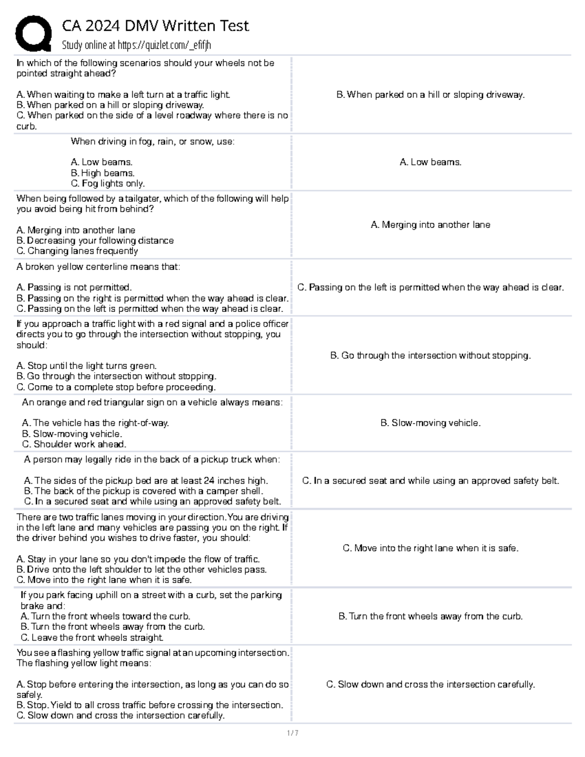 CA 2024 DMV Written Test Study Guide: Key Questions & Answers - Studocu