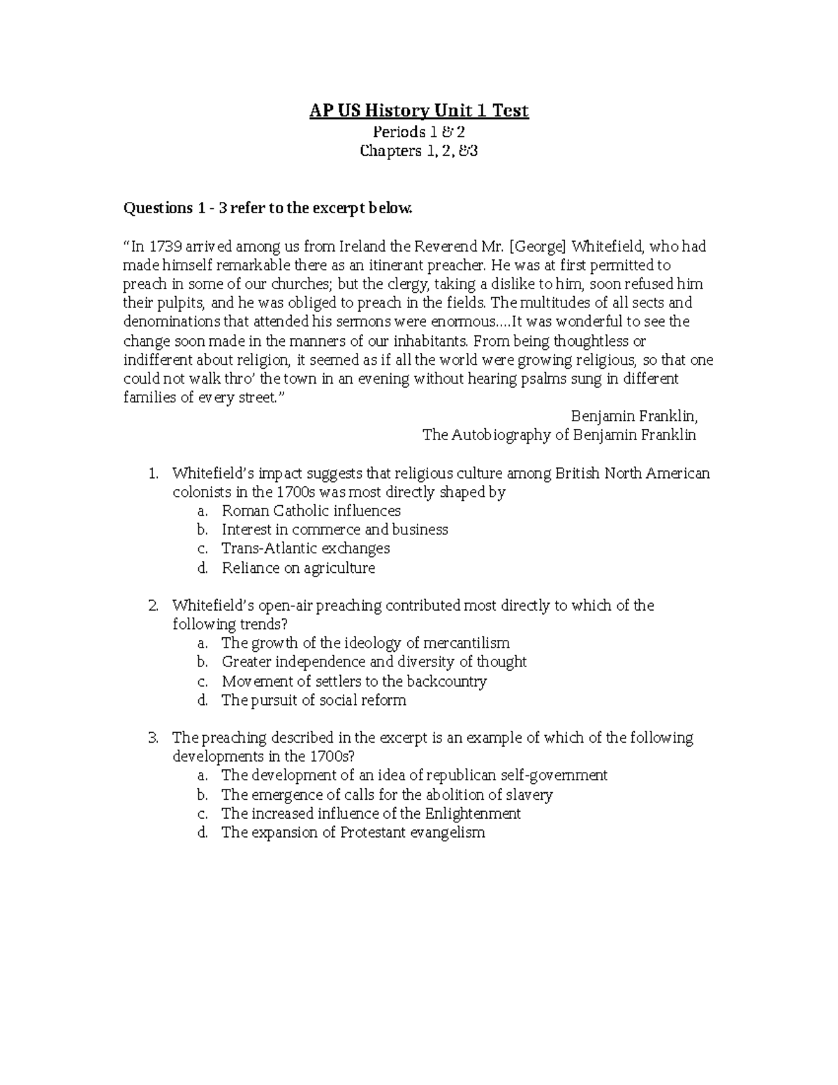 AP US History Unit 1 Test Review: Key Concepts & Questions - Studocu