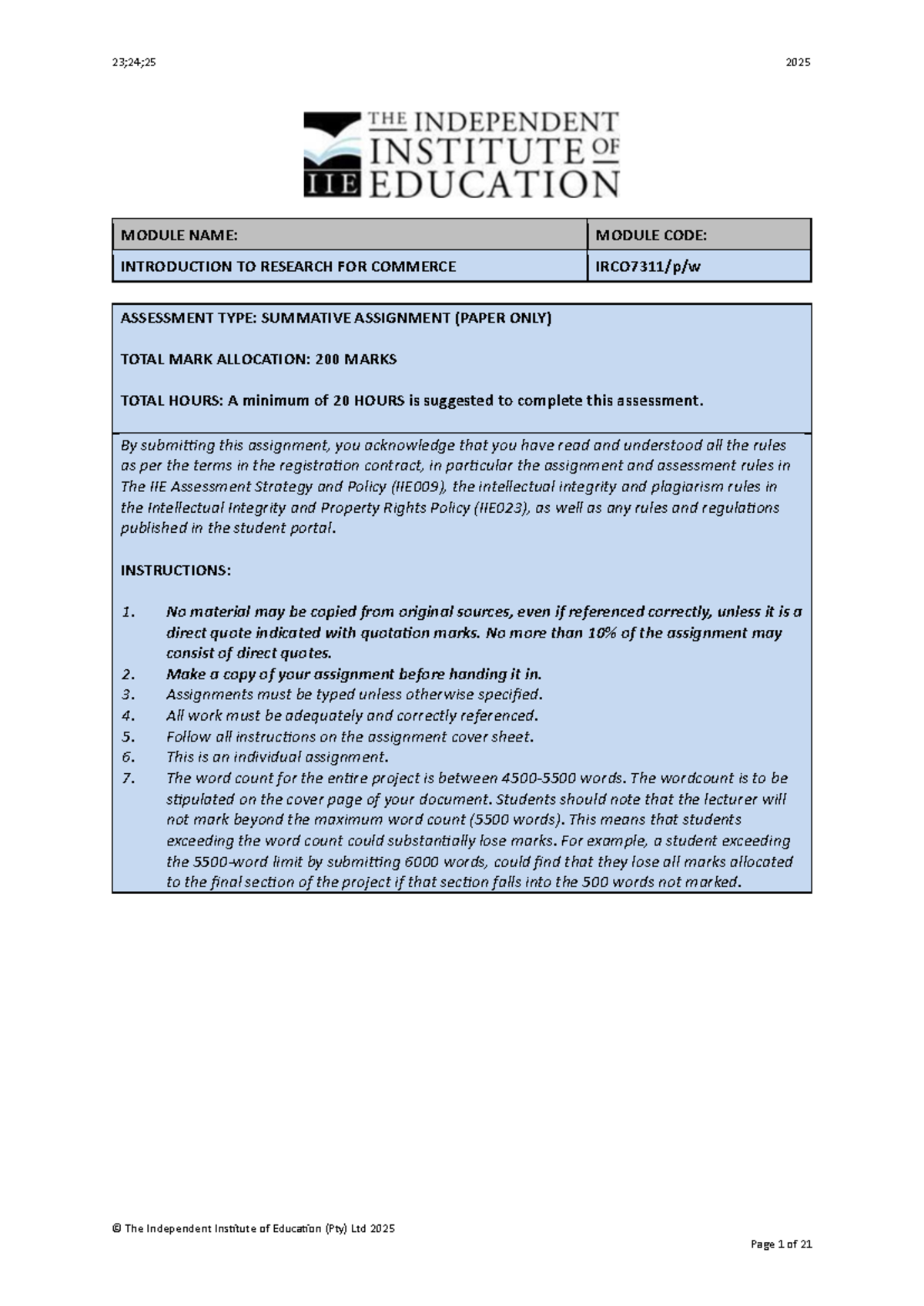 IRCO7311: Summative Assignment Guidelines for Research in Commerce ...