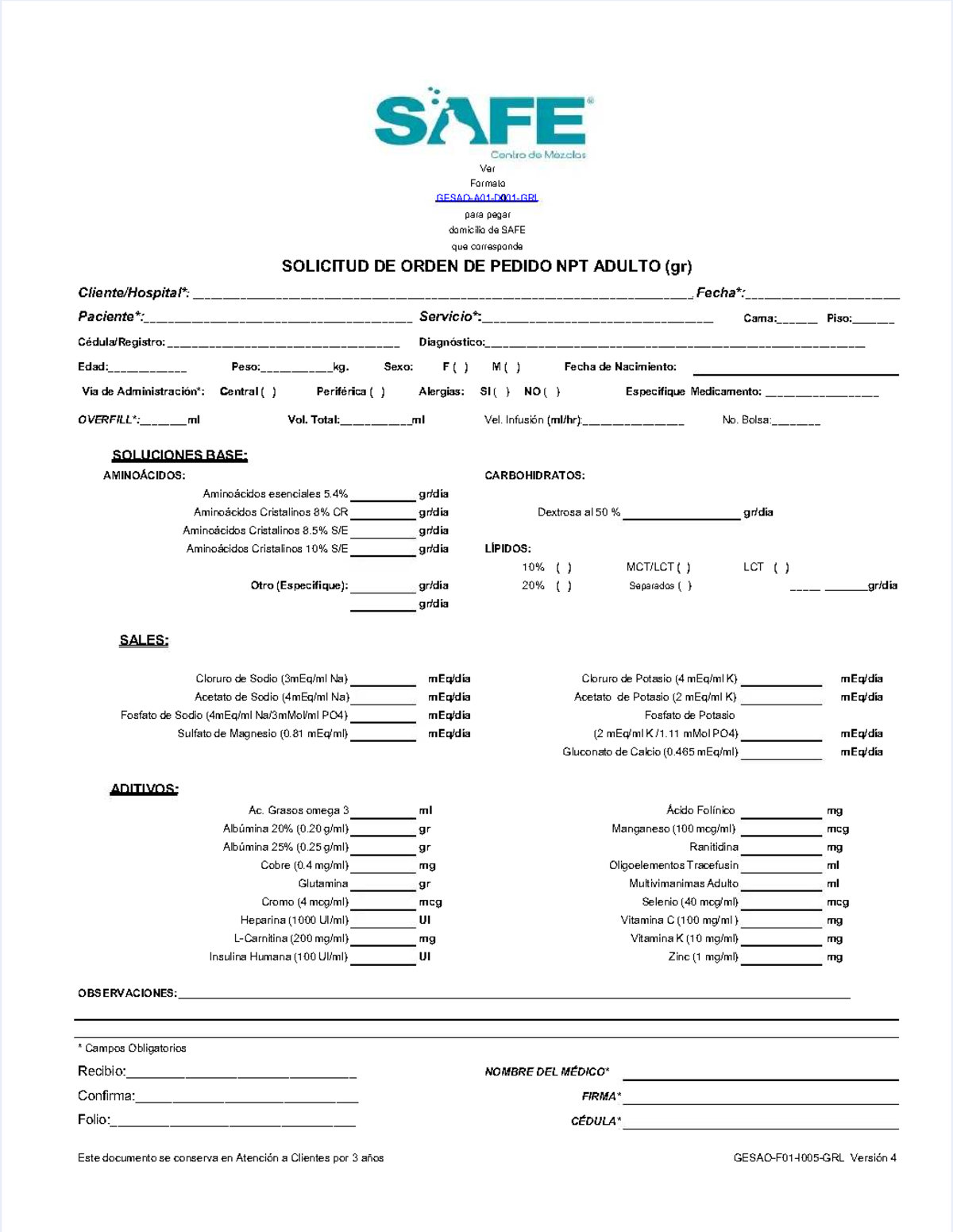 Formato SAFE - Solicitud de Pedido de NPT en Adultos - Studocu