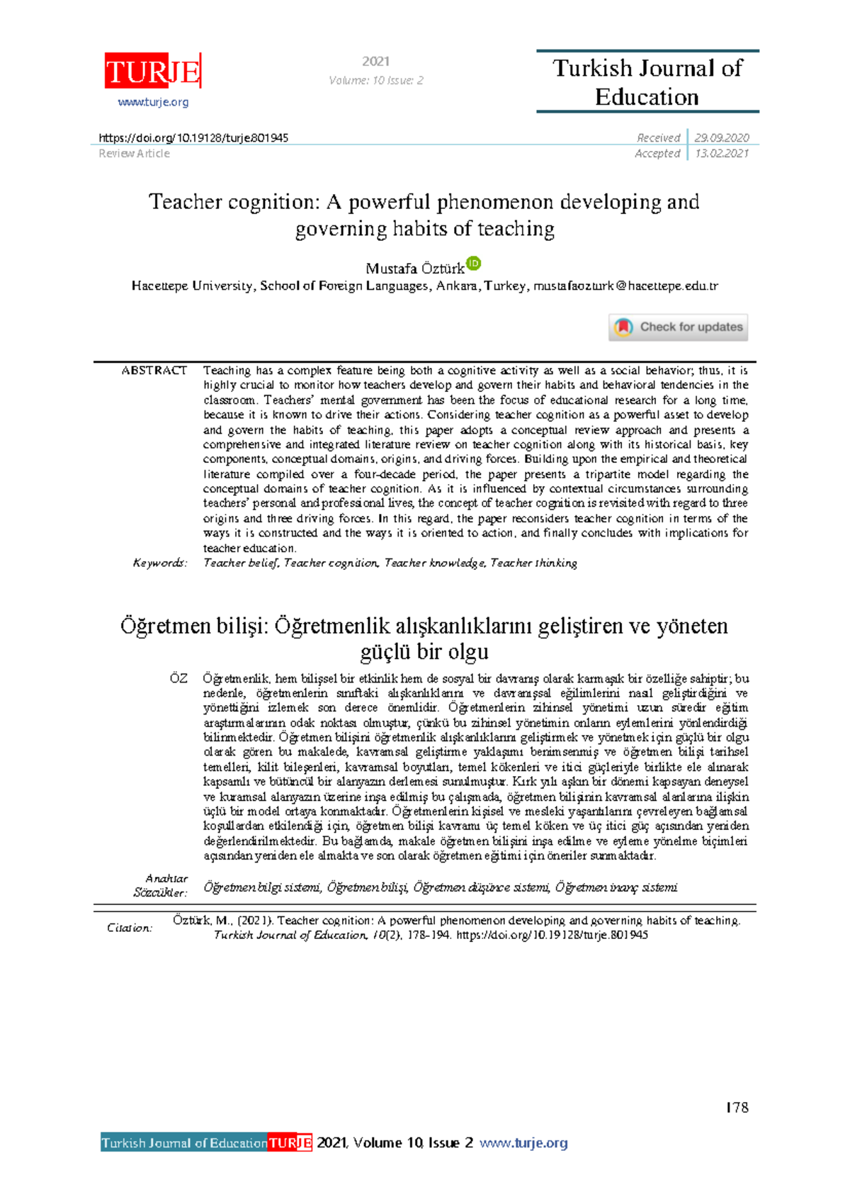 2021 TURJE Volume 10 Issue 2: Teacher Cognition and Teaching Habits ...