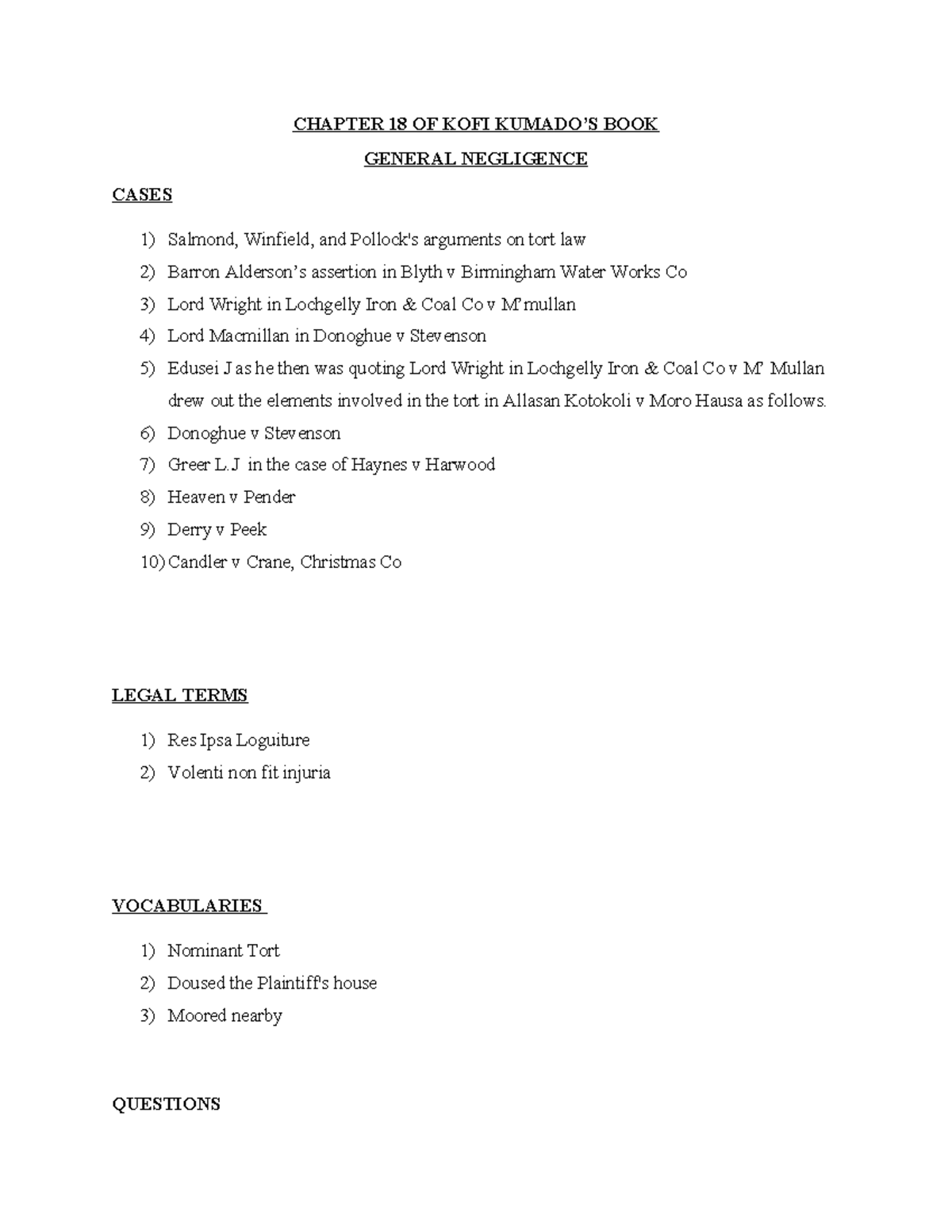 TORT LAW Chapter 18: General Negligence & Key Cases Analysis - Studocu