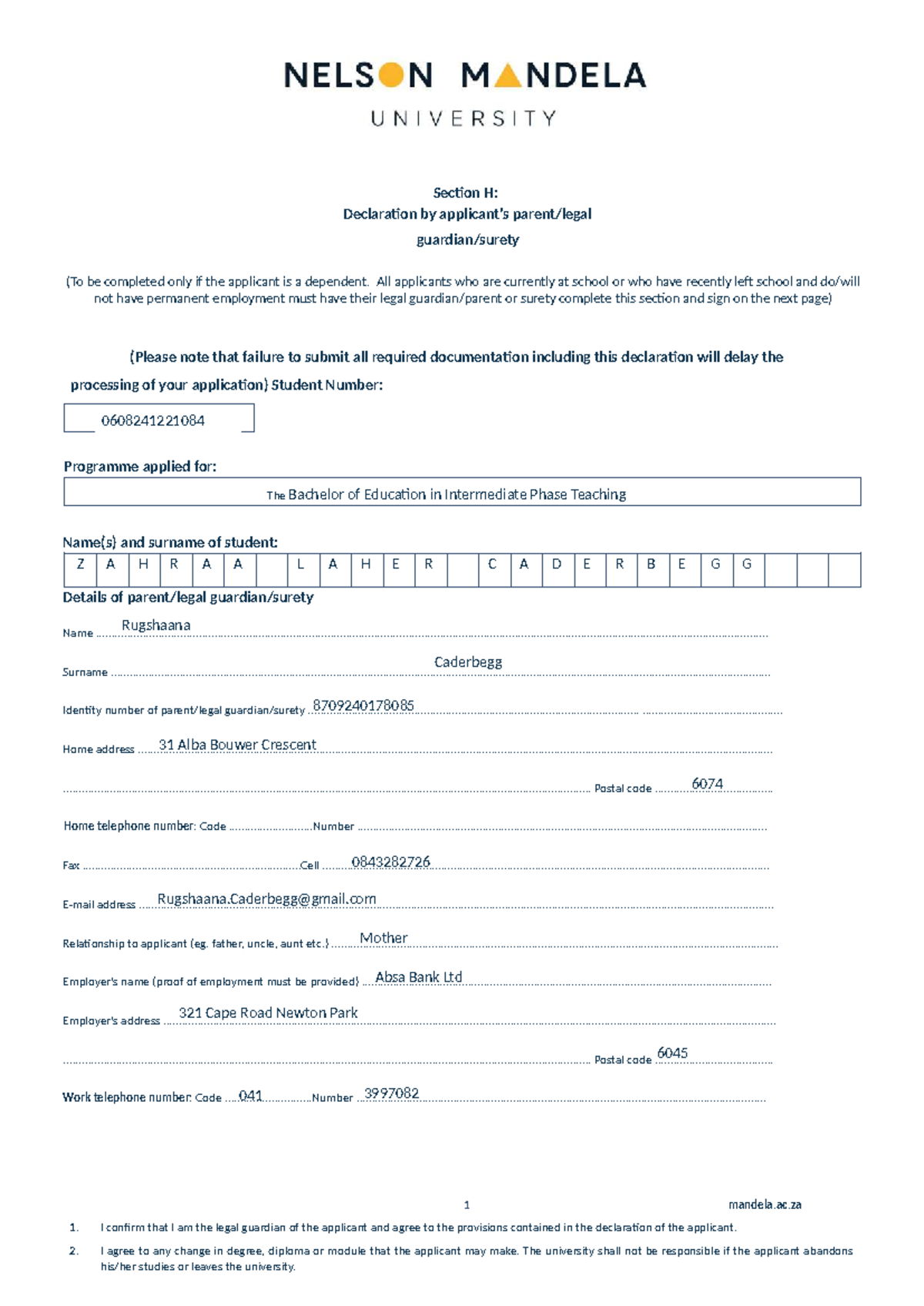 Declaration by Parent for BEd Application (0608241221084) - Studocu