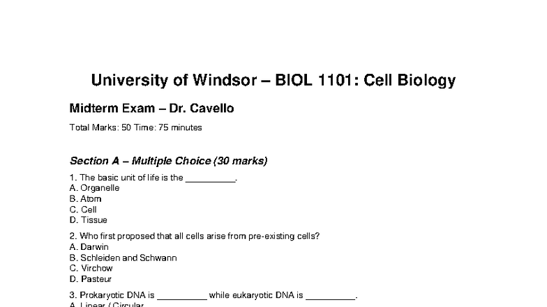 BIOL 1101: Cell Biology Midterm Exam Review Guide - Studocu