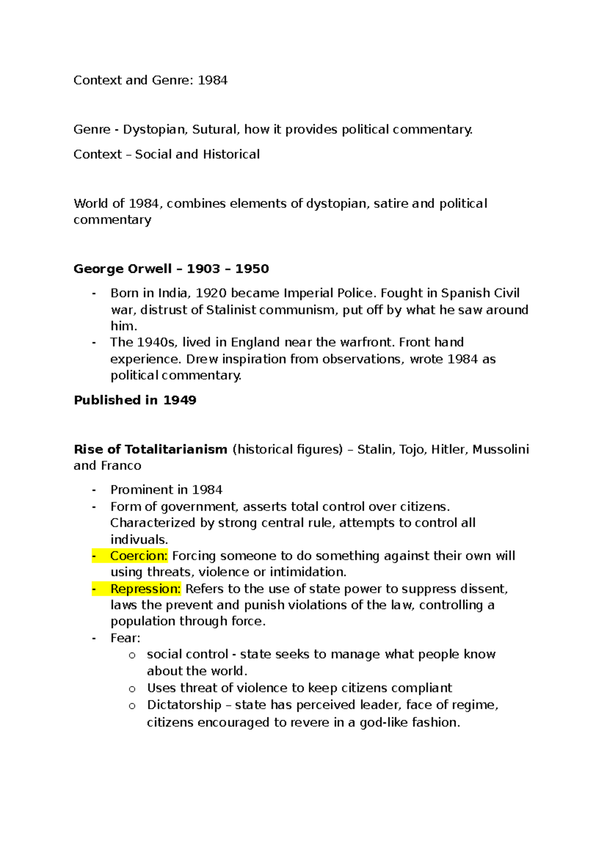1984 - Context and Genre: Dystopian Political Commentary Analysis - Studocu