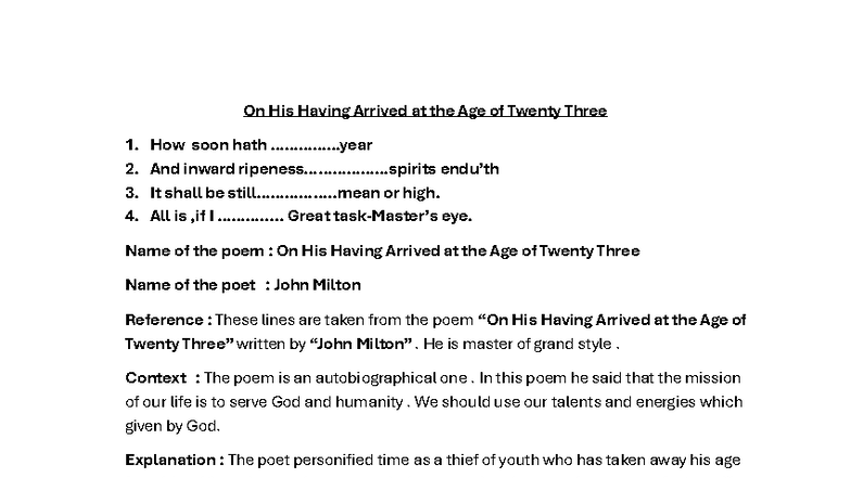 English -2 poetry - On His Having Arrived at the Age of Twenty Three ...