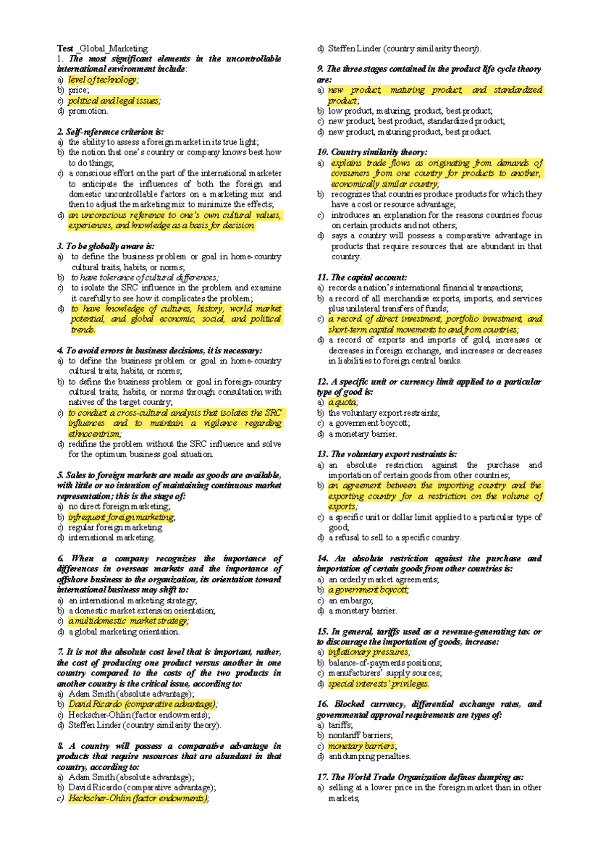Global Marketing Test Sample - Key Concepts and Strategies - Studocu