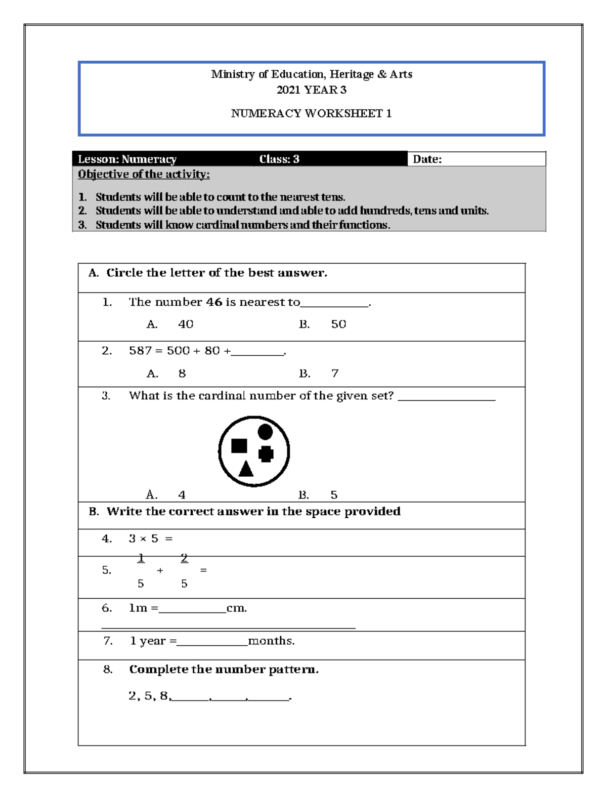 Year 3 - Numeracy Lesson Plan and Activities 2021 - Studocu