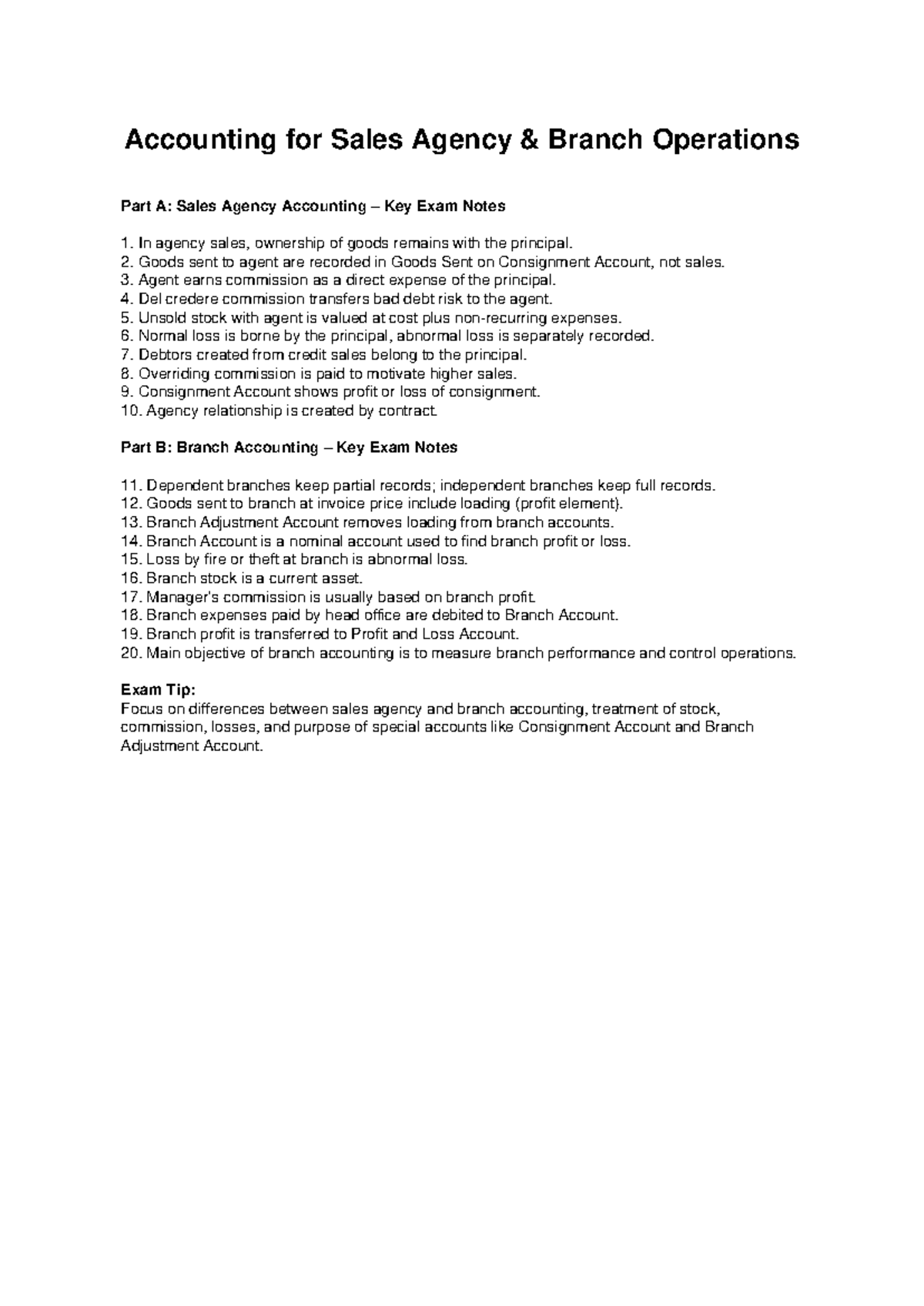 Accounting for Sales Agency & Branch Operations Exam Notes (Part A & B ...