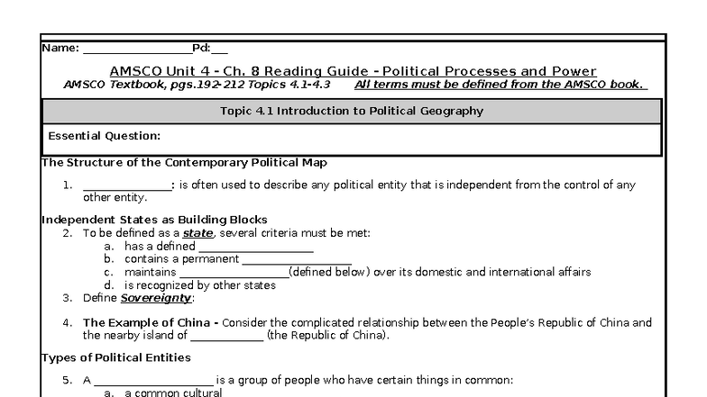 AMSCO Unit 4 Ch. 8 Reading Guide: Political Processes & Power - Studocu