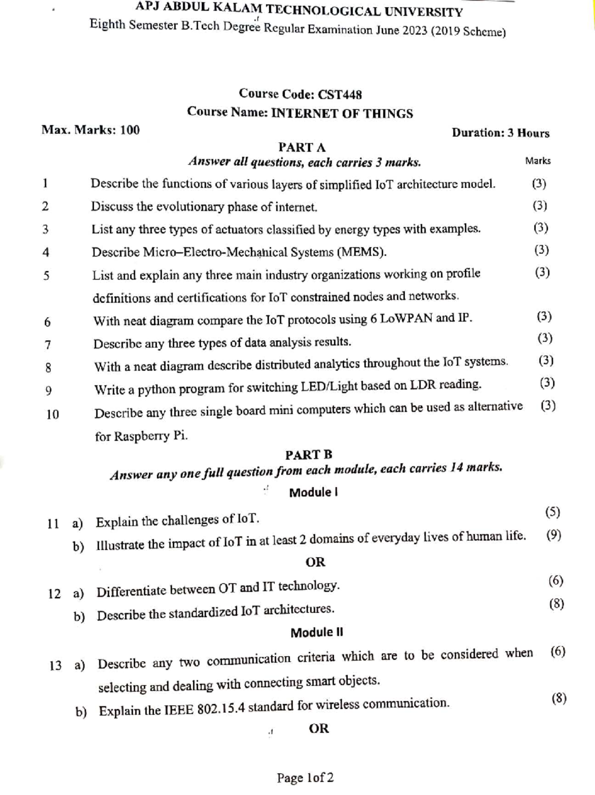 CST448 June 2023 B.Tech IoT Exam Question Paper - Studocu