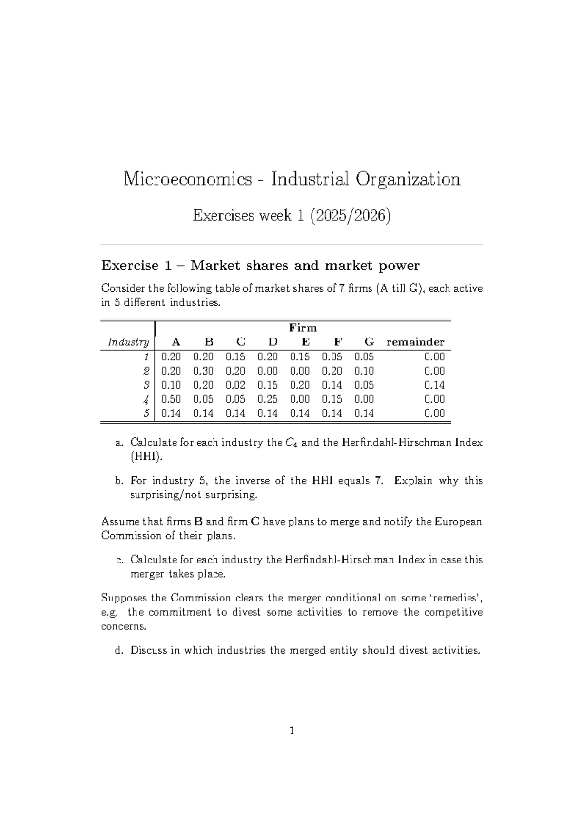 Microeconomics Industrial Organization Exercises Week 1 - Studeersnel