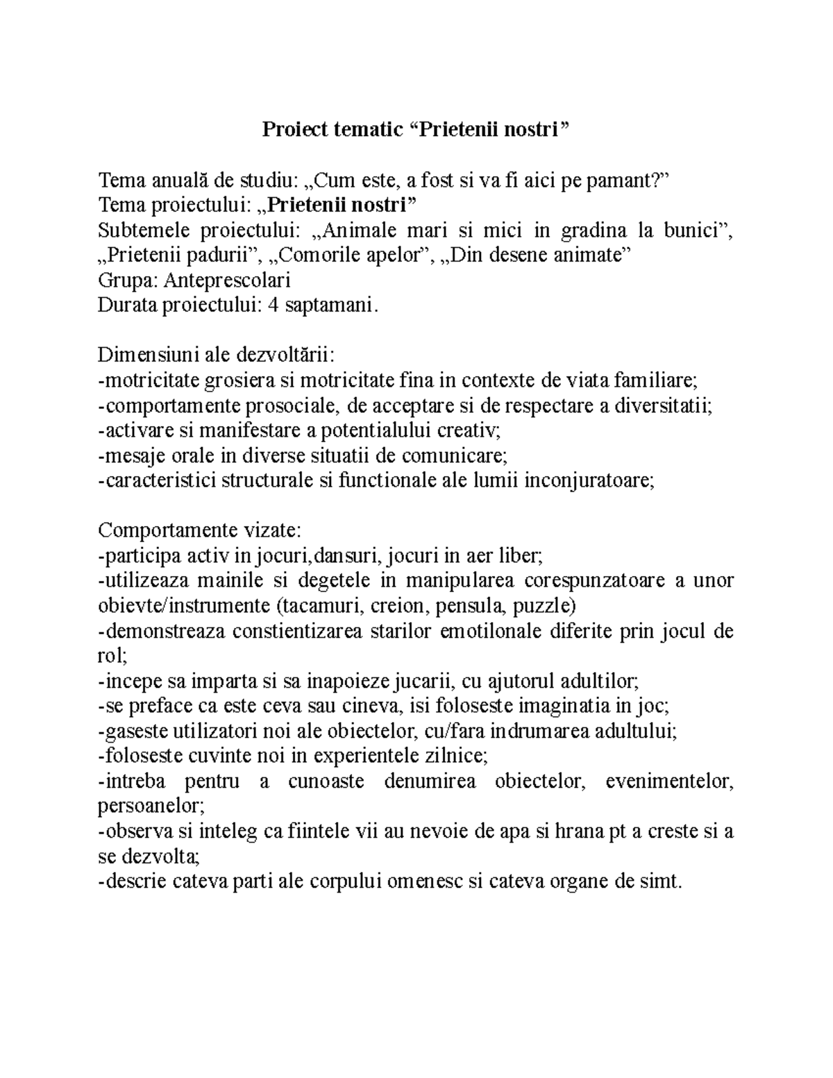 Proiect Tematic: Prietenii Noștri - Învățarea despre Animale - Studocu