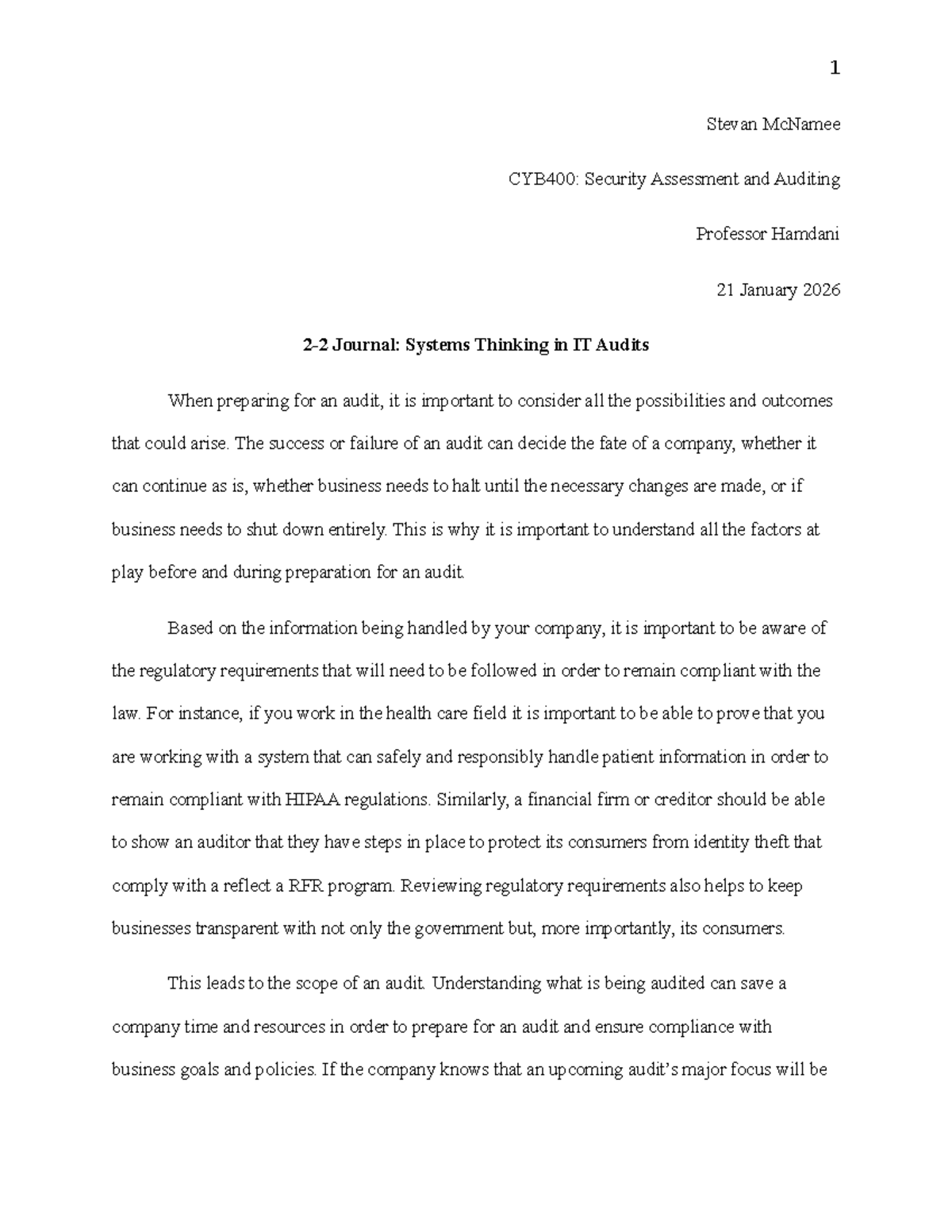 CYB400: Systems Thinking in IT Audits - Journal Entry by Stevan McNamee ...