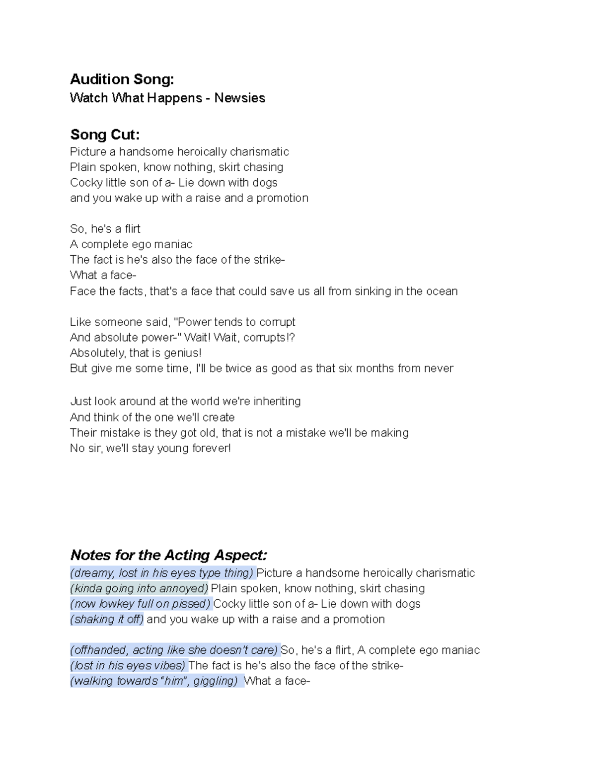 Grease Auditions: Acting Notes for "Watch What Happens" - Studocu