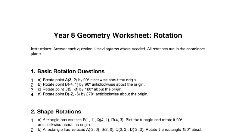 Year 8 Geometry Worksheet: Rotation Exercises and Instructions - Studocu