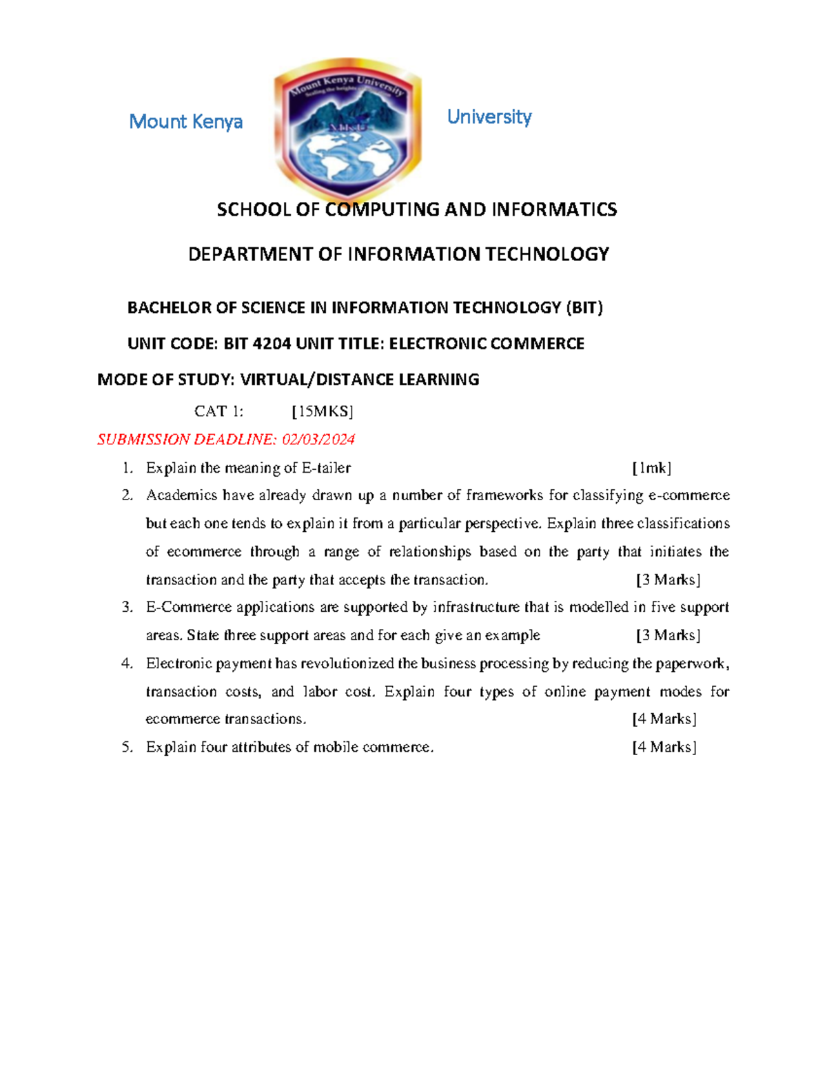 E-Commerce BIT4204 CAT 1 Exam Review: Key Concepts & Frameworks - Studocu