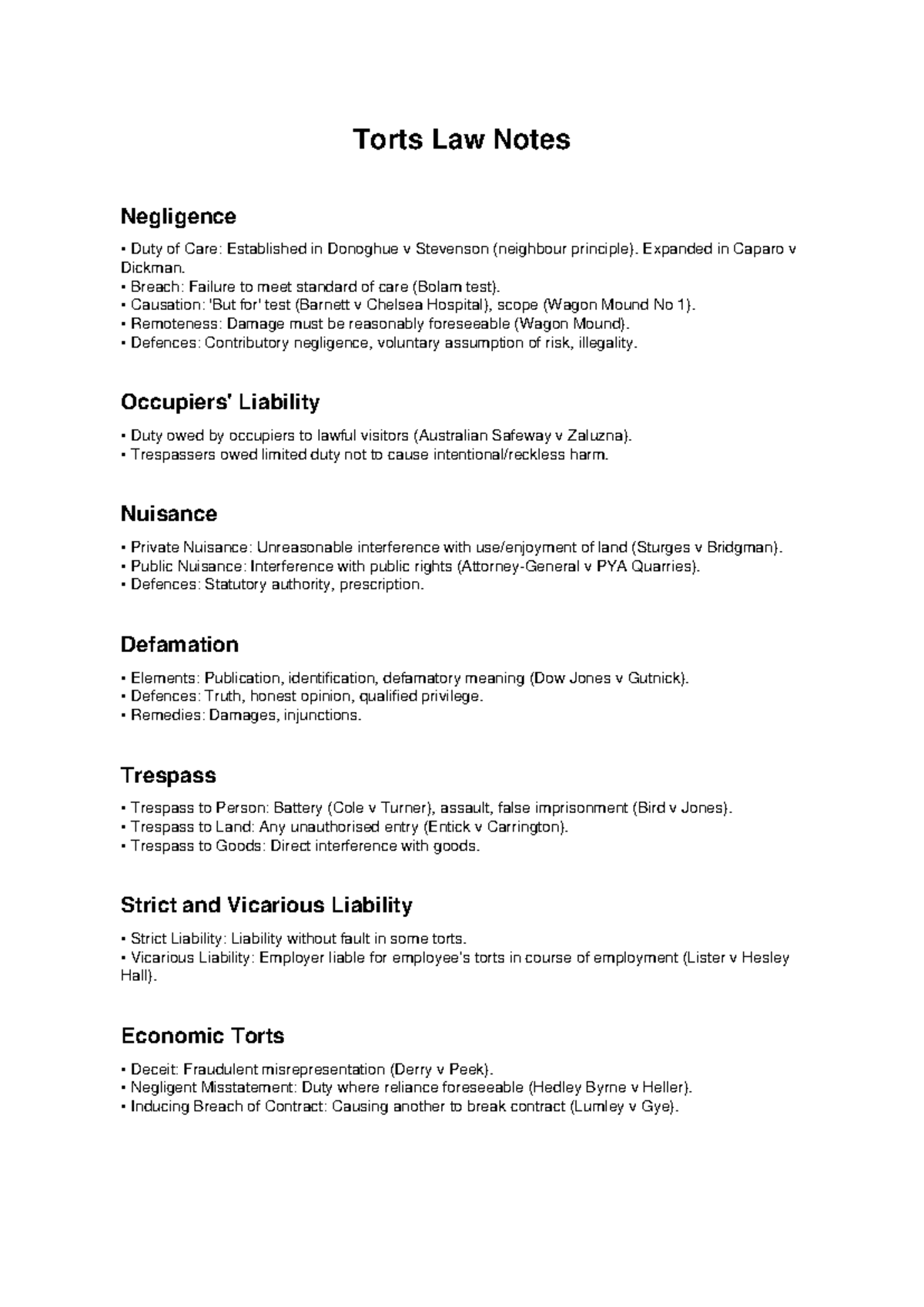 Torts Law Notes: Key Concepts and Case Summaries - Studocu