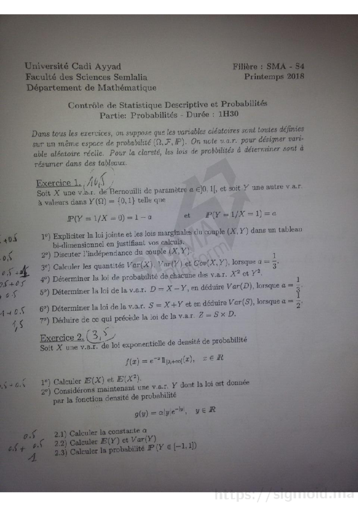 Corrigé du Contrôle de Statistique et Probabilités SMA S4 Printemps ...