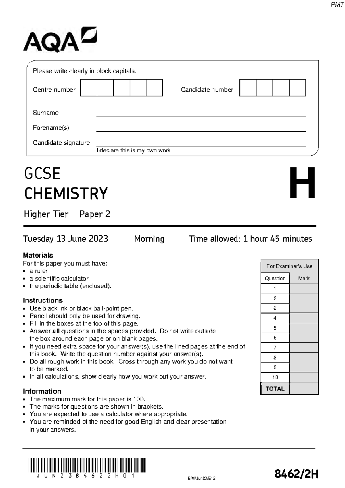 GCSE CHEMISTRY Higher Tier H Paper 2 June 2023 Exam Questions - Studocu