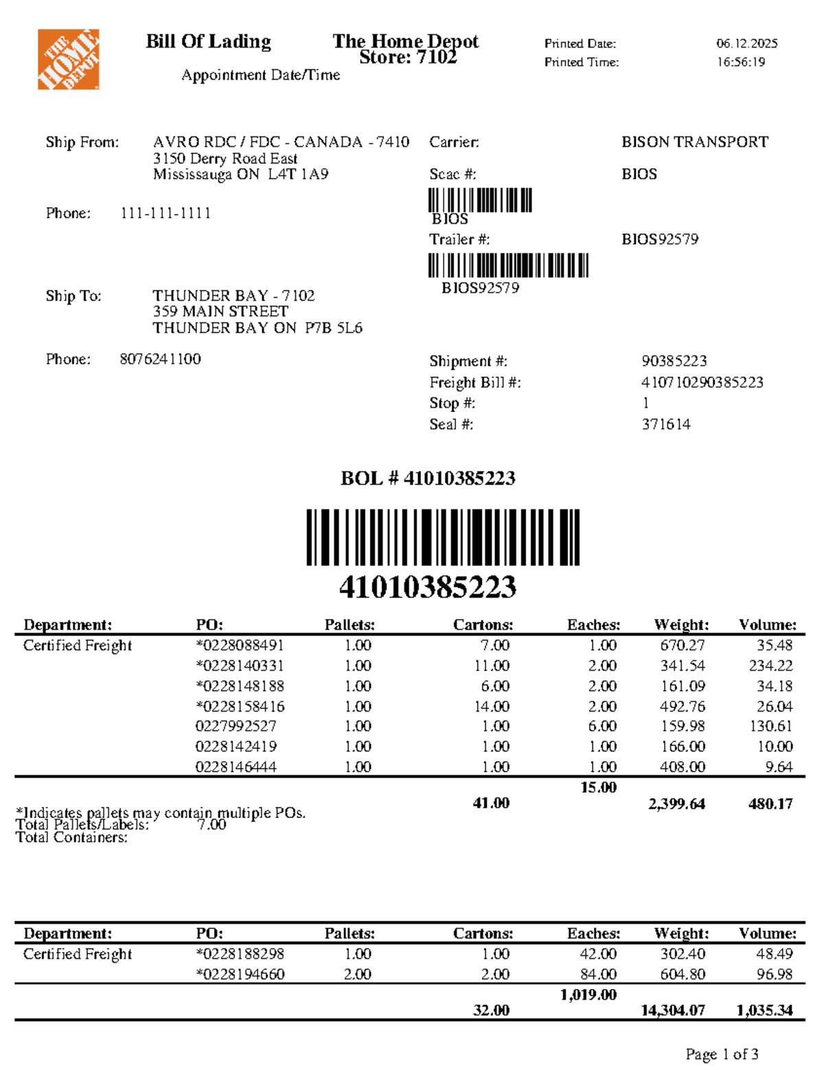 Bill of Lading for Home Depot Store 7102 - Bison Transport - Studocu