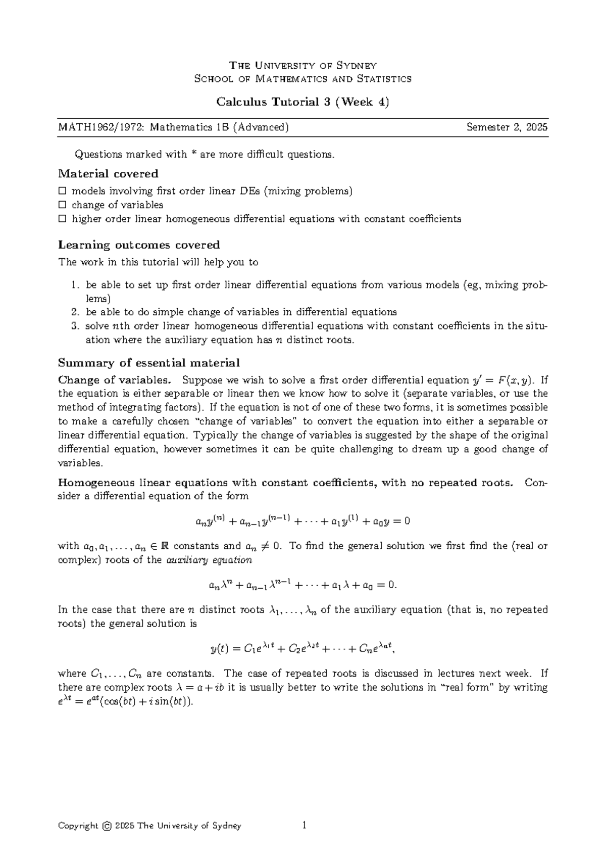 Calculus Tutorial 3 (Week 4) - MATH 1B (Adv) Differential Equations ...