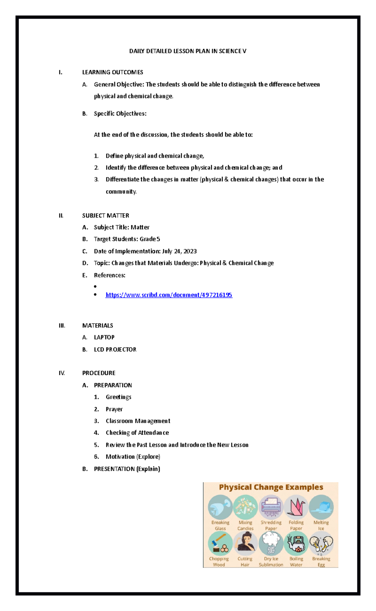 DLP Lesson Plan: Understanding Physical & Chemical Changes for Grade V ...