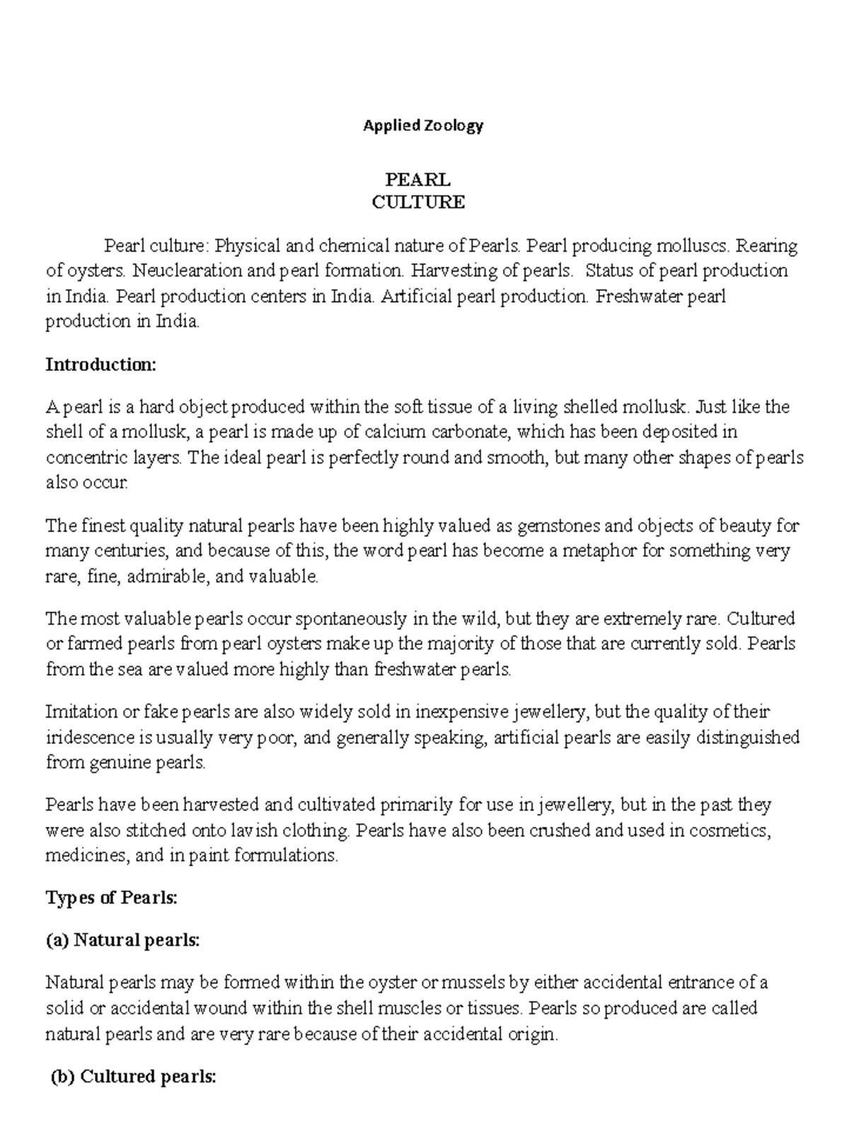 Pearl culture - Lecture notes 1-3 - Applied Zoology PEARL CULTURE Pearl ...