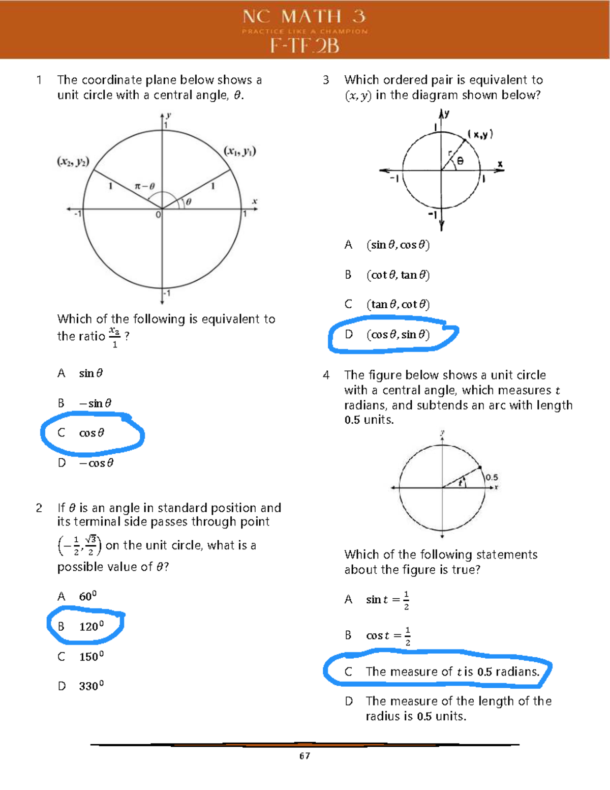 Unit Circle Concepts - Math 3 Honors Worksheet - Studocu
