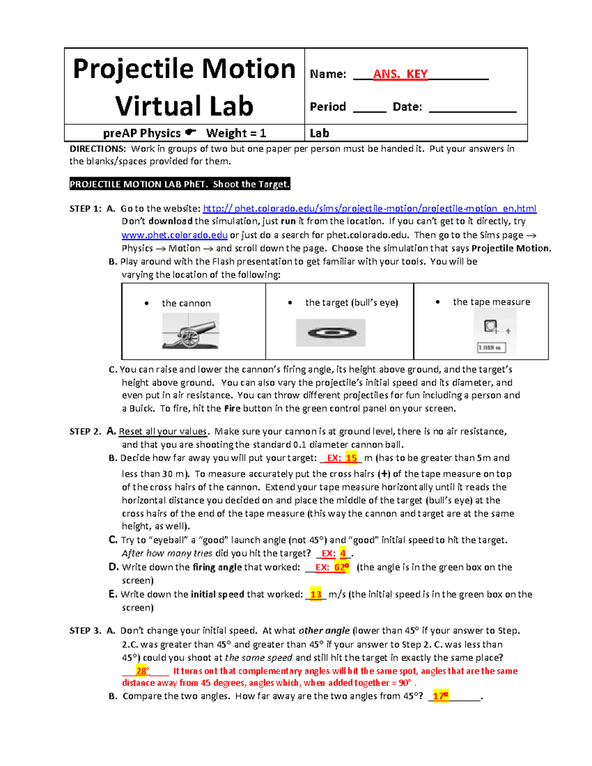 Projectile Motion Lab (preAP Physics) - Virtual Lab Guide 2016 - Studocu
