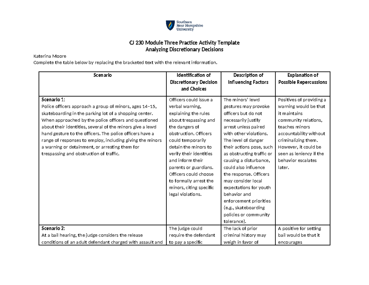 CJ 230 Module Three Practice Activity: Analyzing Discretionary ...