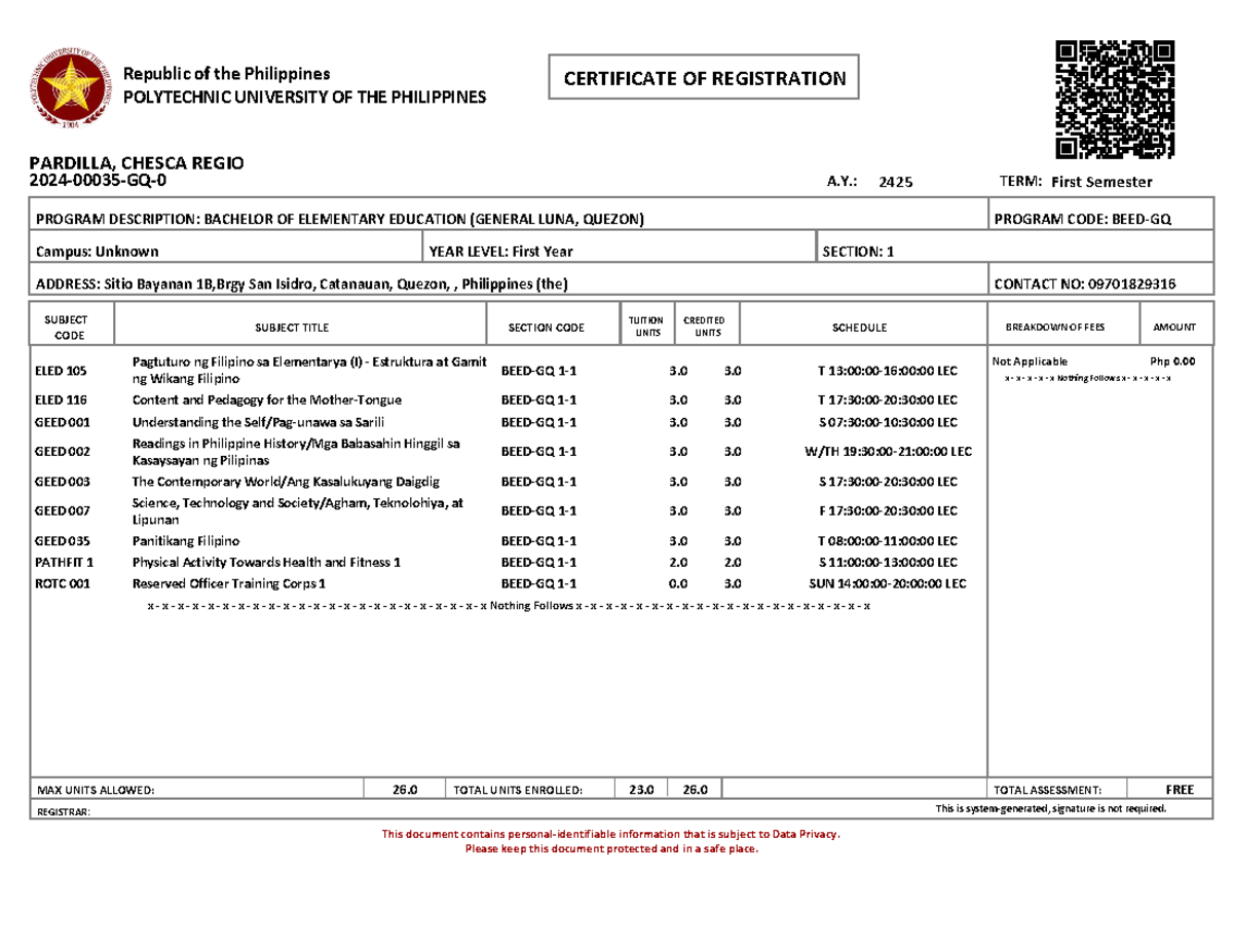 PUP Registration Certificate for A.Y. 2425 - First Semester - Studocu