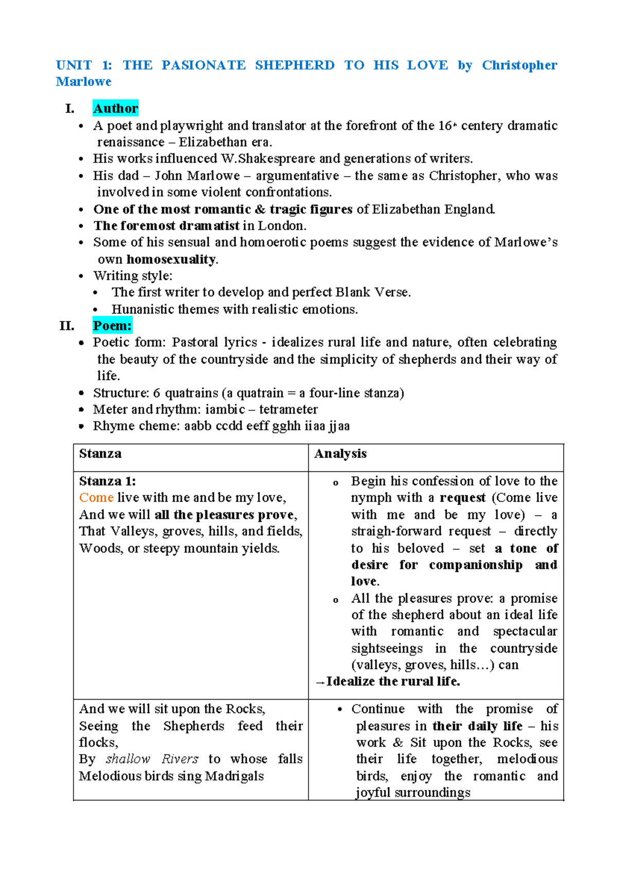 UNIT 1: THE PASSIONATE SHEPHERD TO HIS LOVE - Christopher Marlowe ...