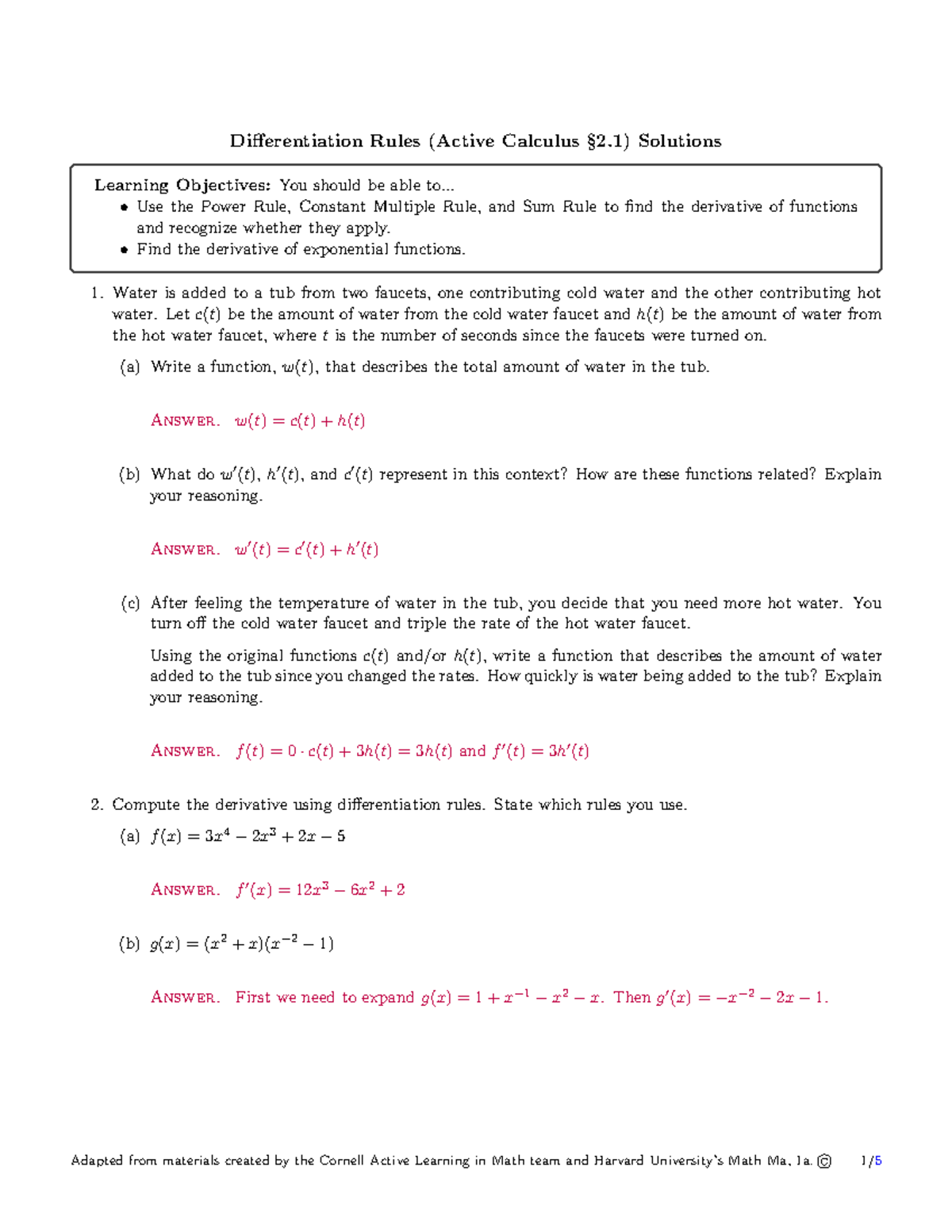 Differentiation Rules Solutions for MATH 1110 Worksheet 8 ...