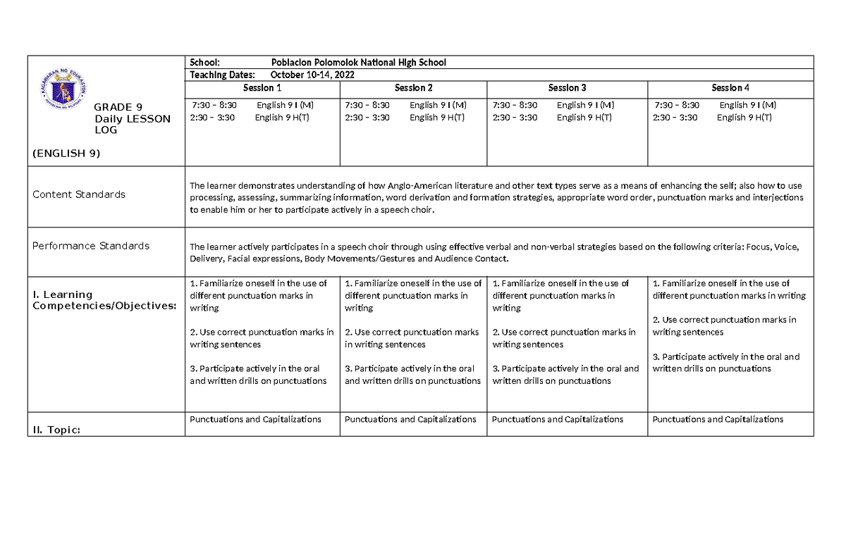 GRADE 9 Daily LESSON LOG: Punctuation & Capitalization Focus (ENGLISH 9 ...