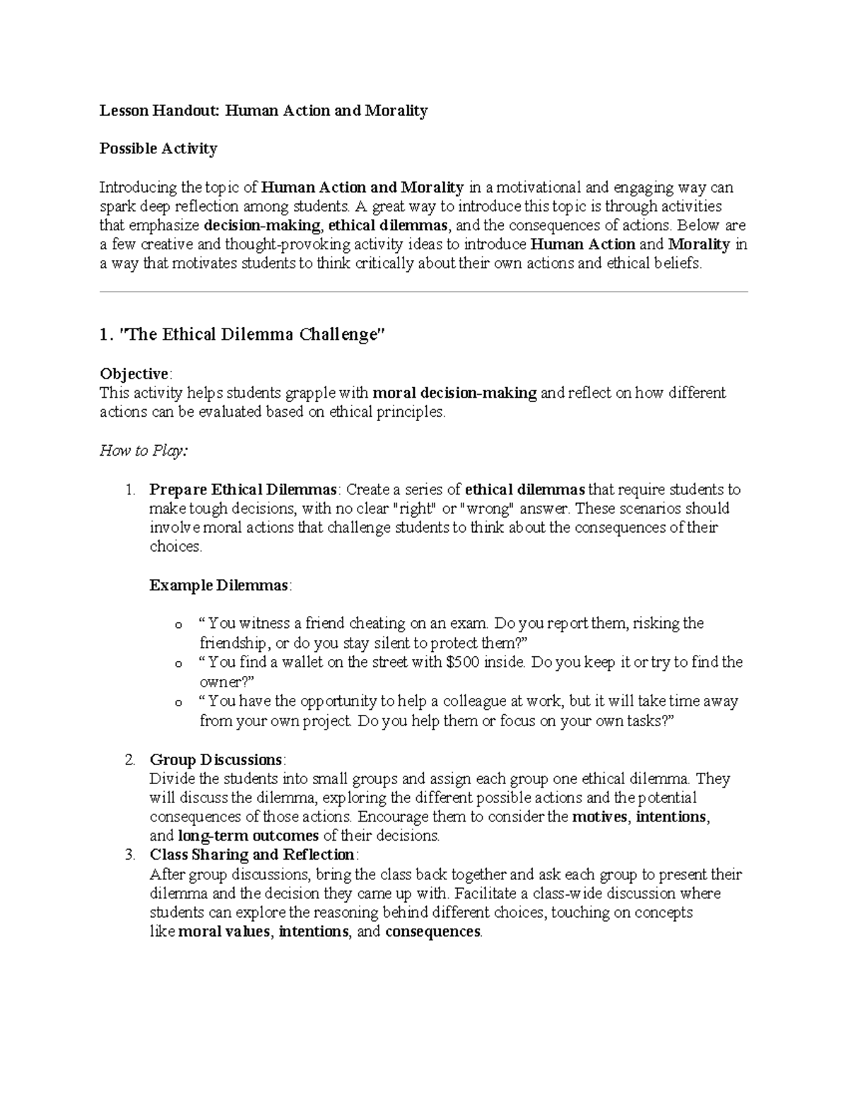 Lesson Handout: Engaging Activities on Human Action & Morality - Studocu