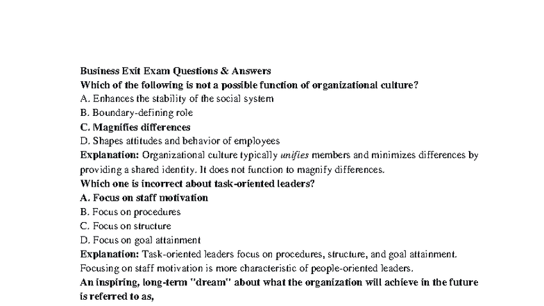 Business Exit Exam 3: Key Questions & Answers Guide - Studocu