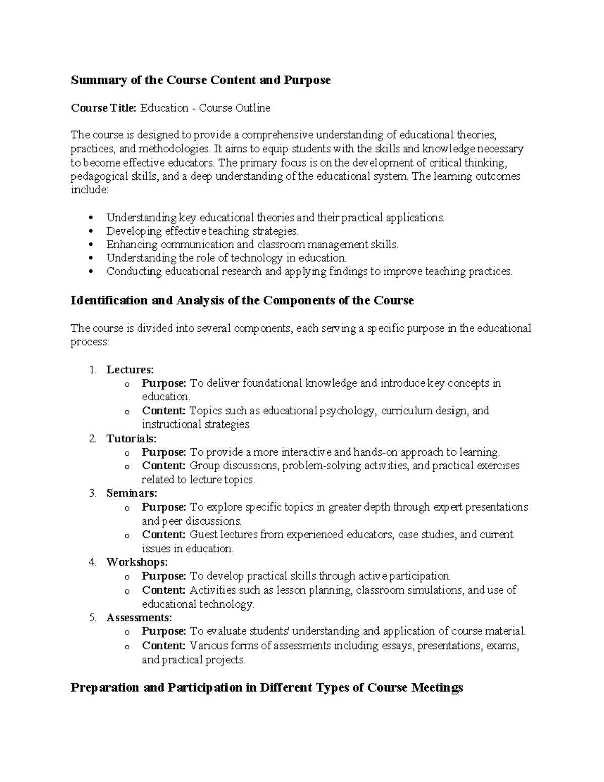 Summary of the Course Content and Purpose - It aims to equip students ...