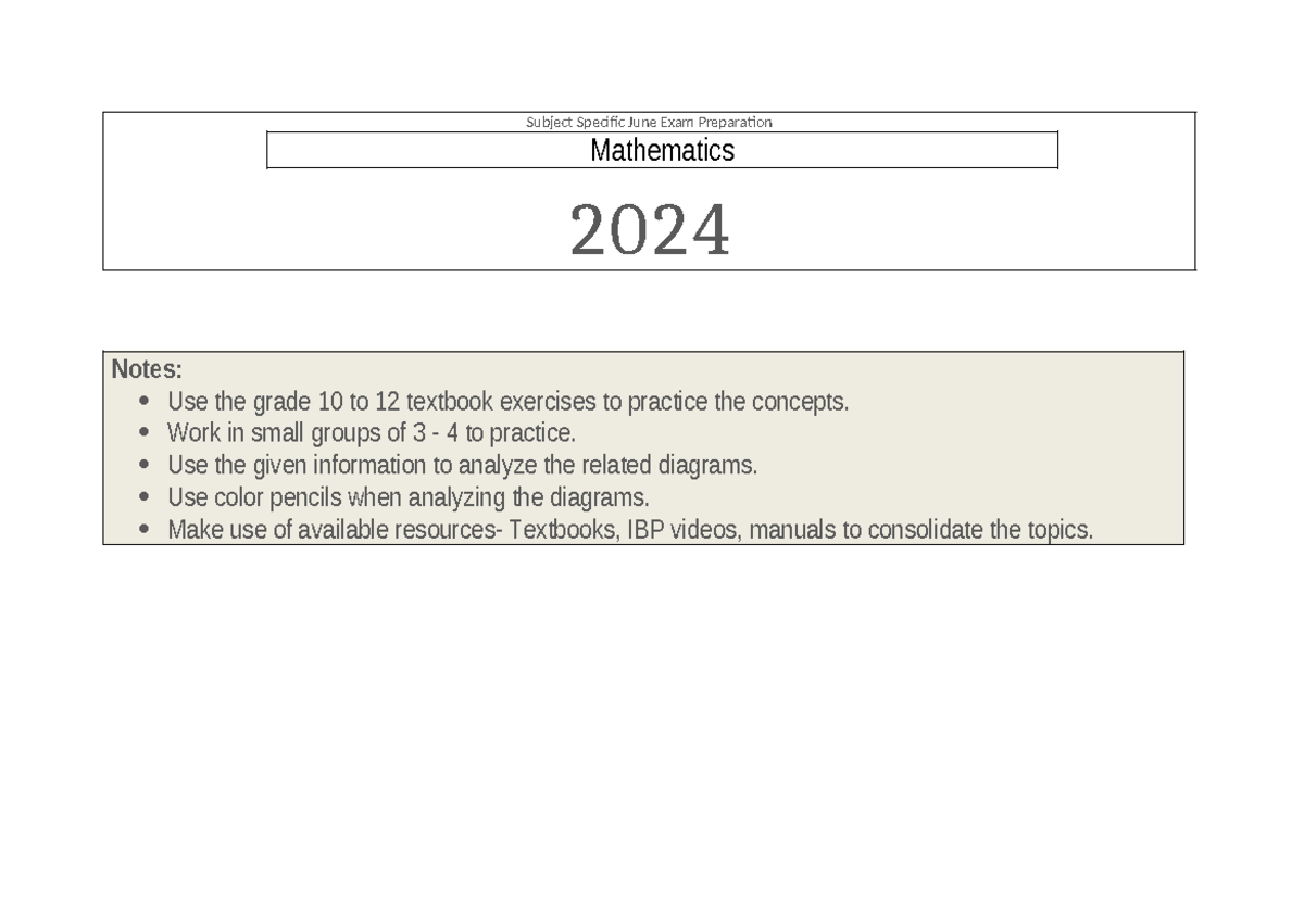 Maths Gr 12 June 2024 Exam Prep Notes & Framework - Studocu