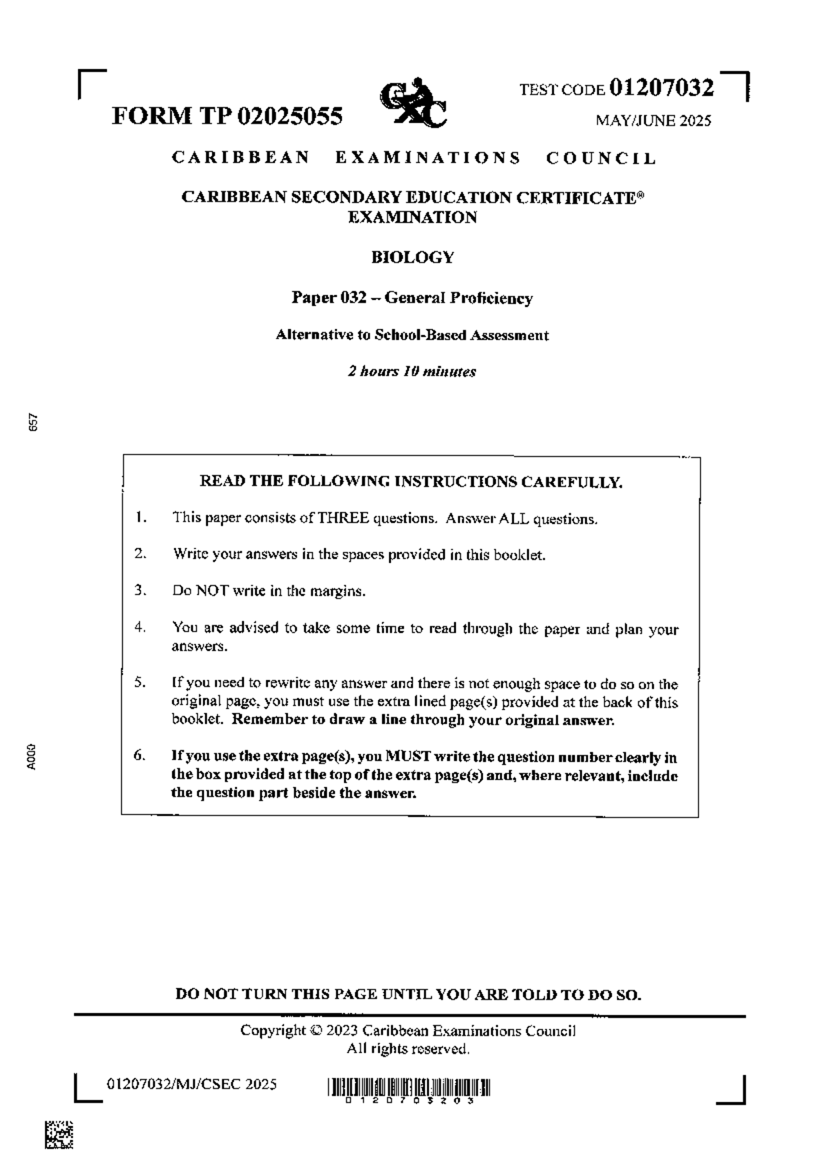 CSEC Biology Paper 032 General Proficiency Exam June 2025 - Studocu
