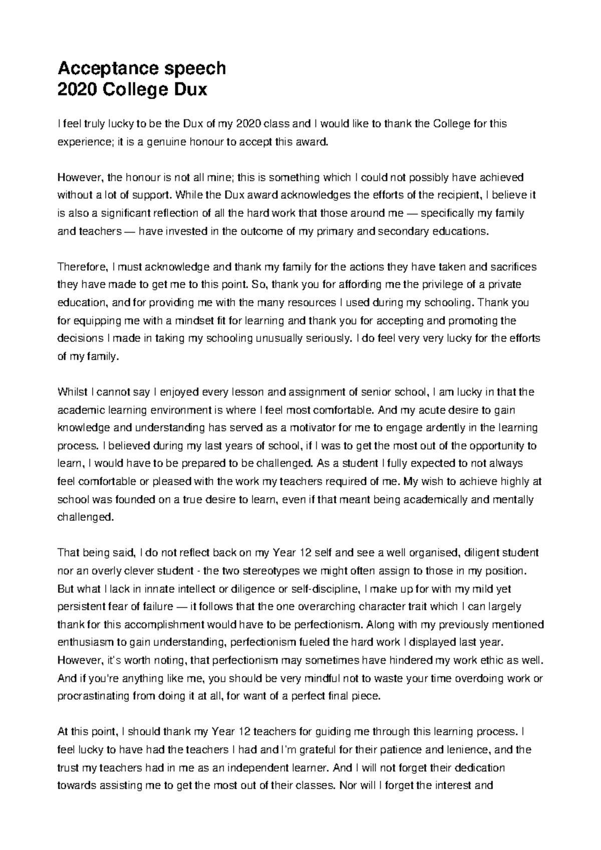 2020 College Dux Acceptance Speech - Academic Assembly Highlights - Studocu