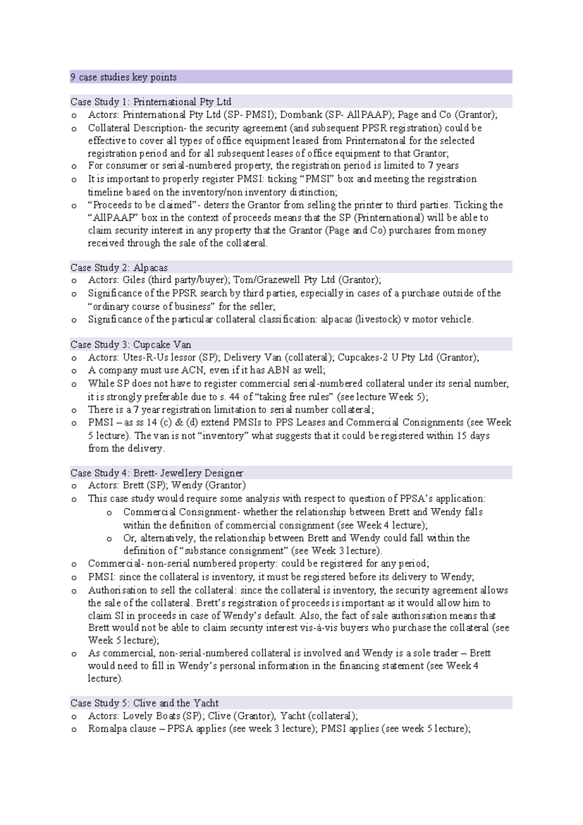 Case studies key points - 9 case studies key points Case Study 1 ...