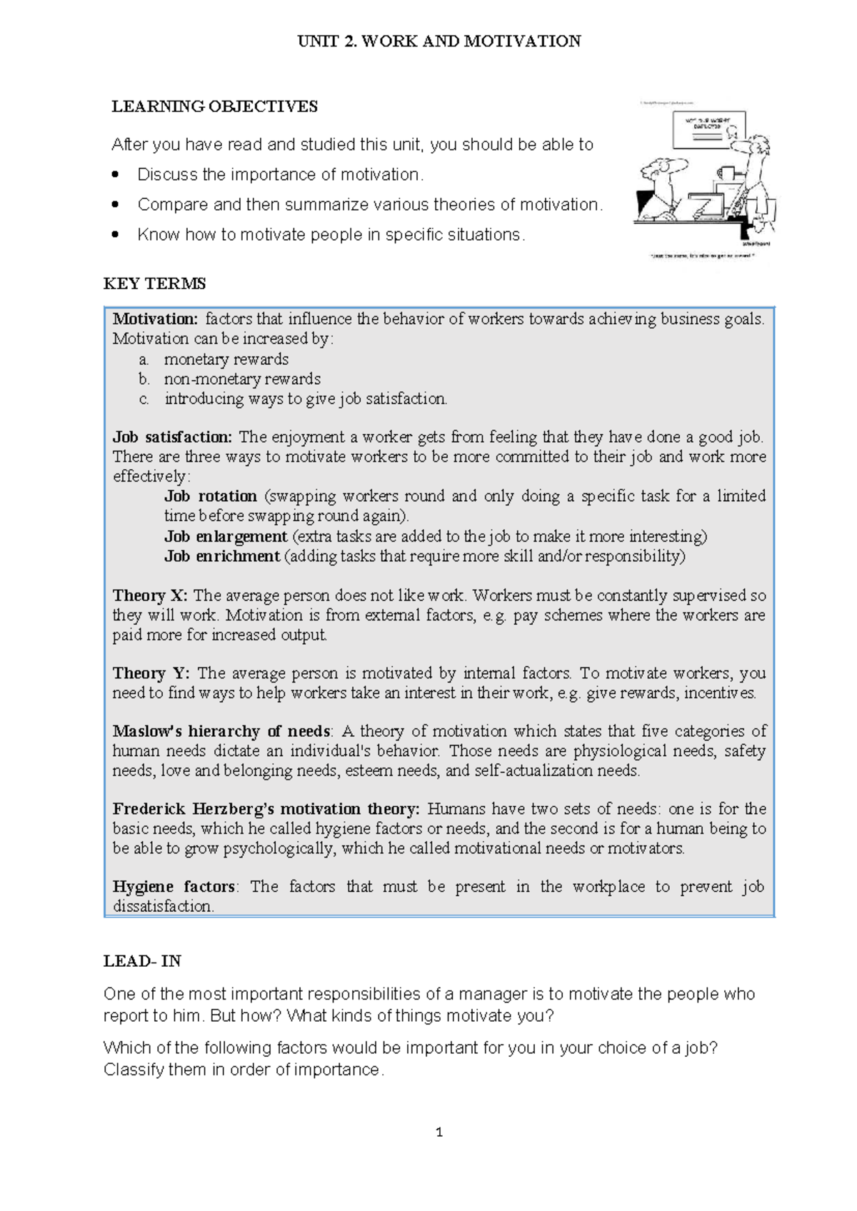 UNIT 2: WORK AND MOTIVATION - Learning Objectives and Key Theories ...