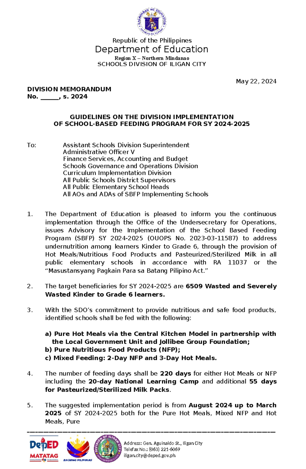 SBFP Guidelines for School Year 2024-2025 Implementation Memo - Studocu