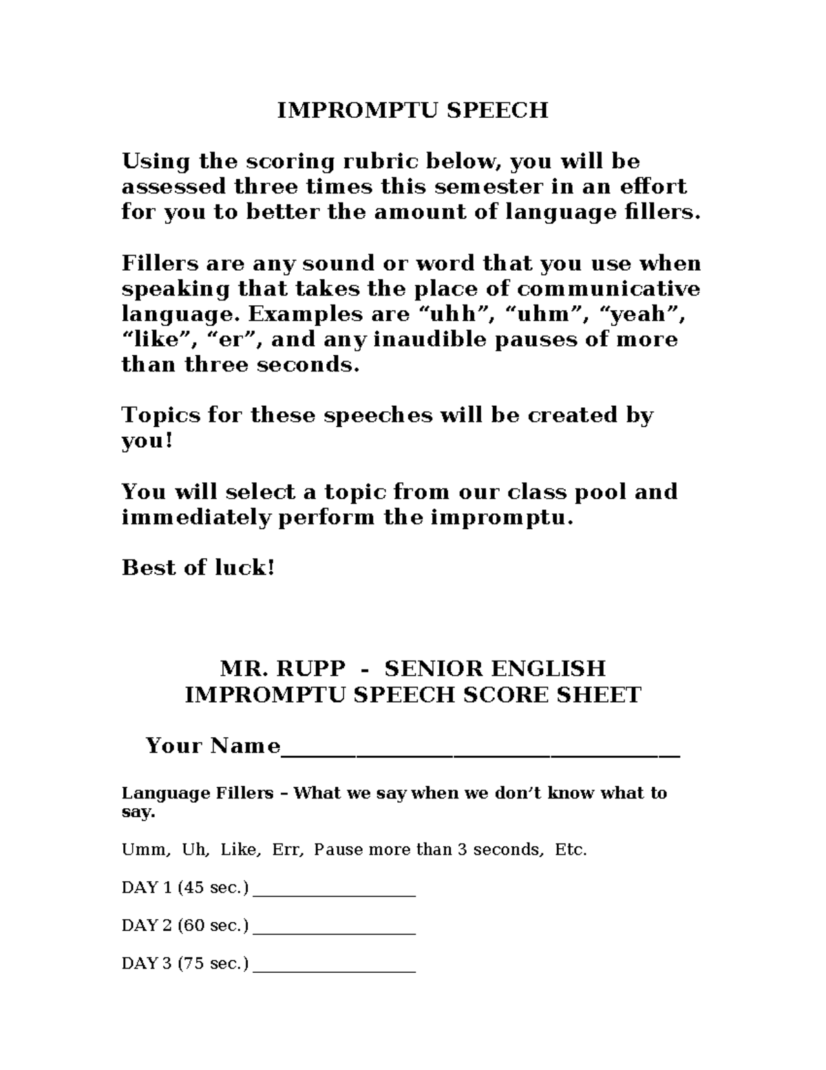 Senior English Impromptu Speech Guidelines and Score Sheet - Studocu