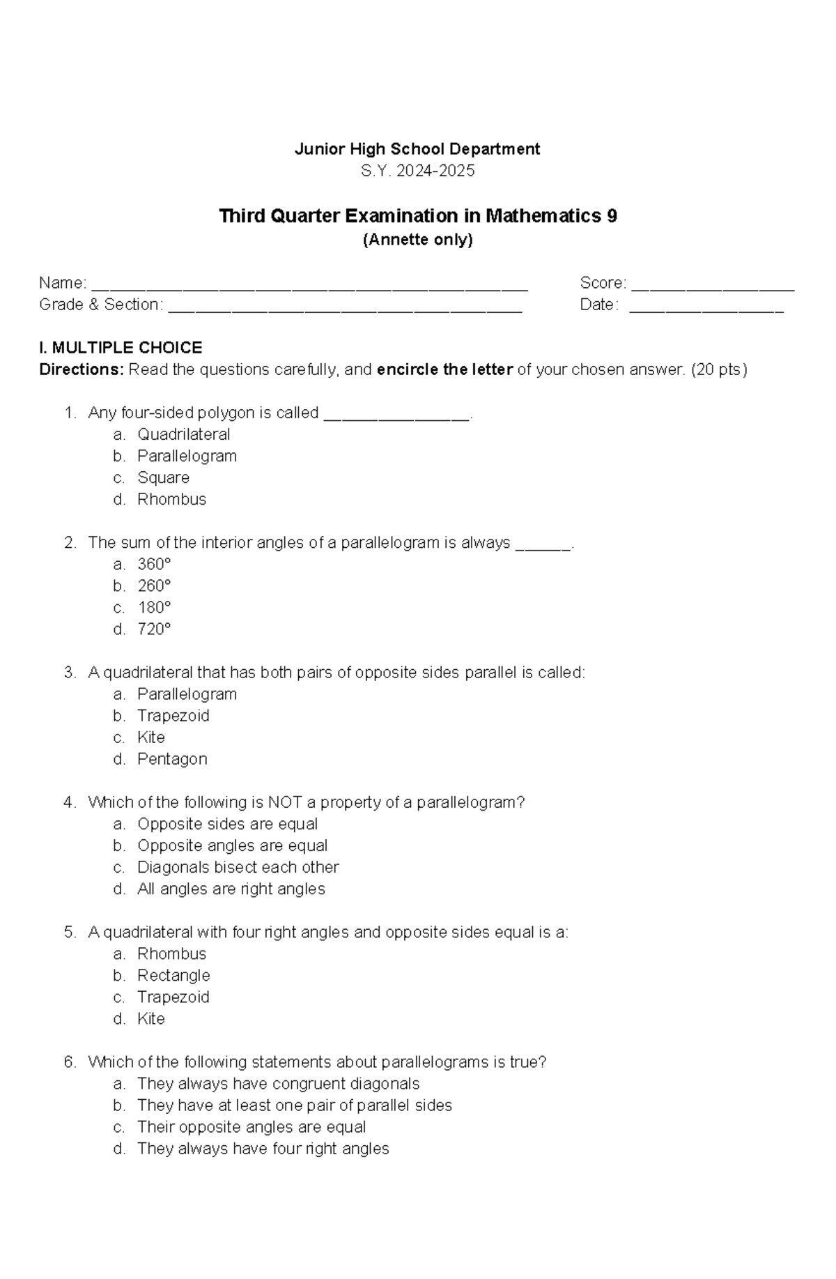 Math 9 - JHS 3RD Quarter Exam Review & Practice Questions - Studocu