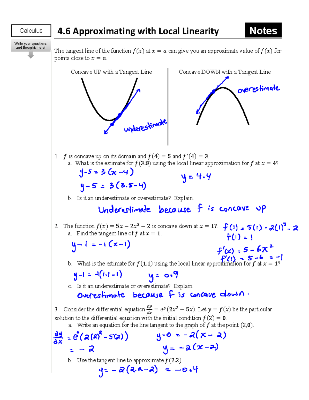 Calculus 4.6 Final Exam Notes: Approximating with Local Linearity - Studocu
