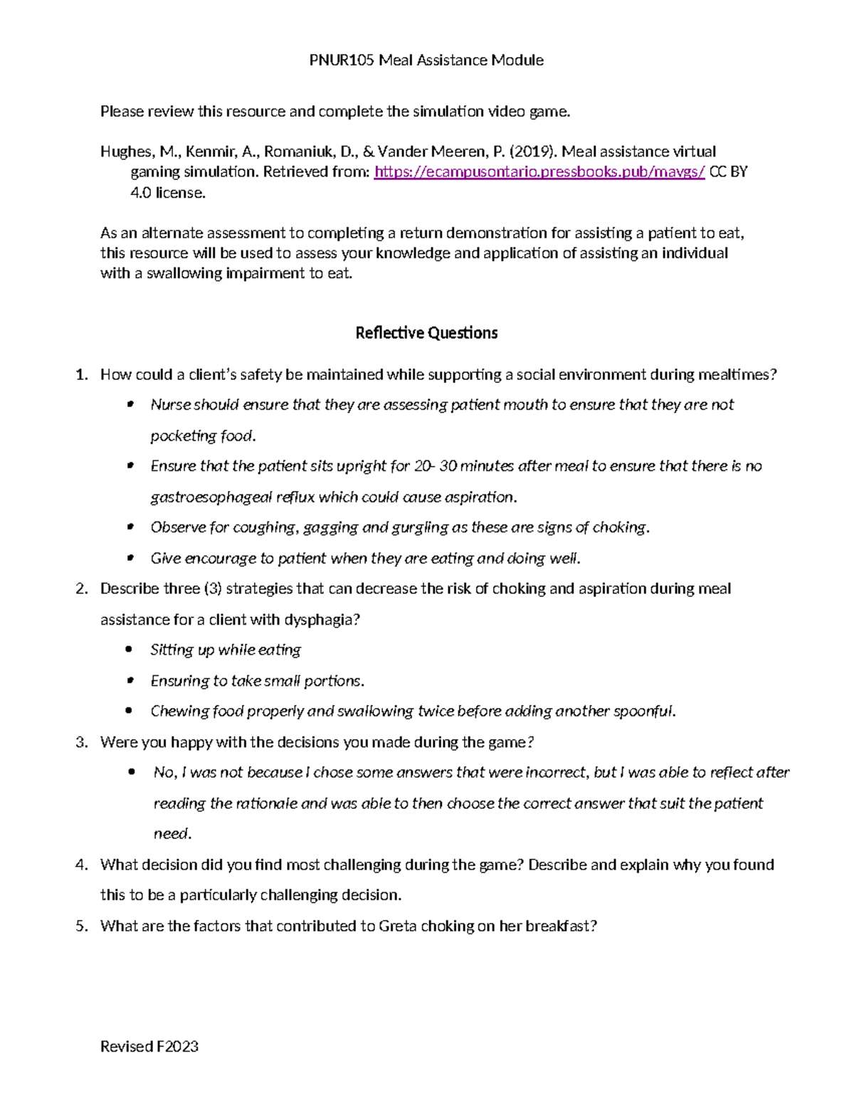 Meal assistance reflection - PNUR105 Meal Assistance Module Please ...